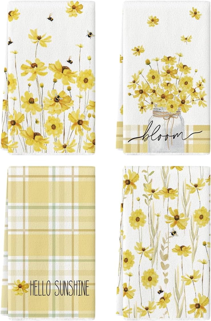 Yellow Floral Vase Spring Kitchen Towels Dish Towels, 18x26 Inch Hello ...