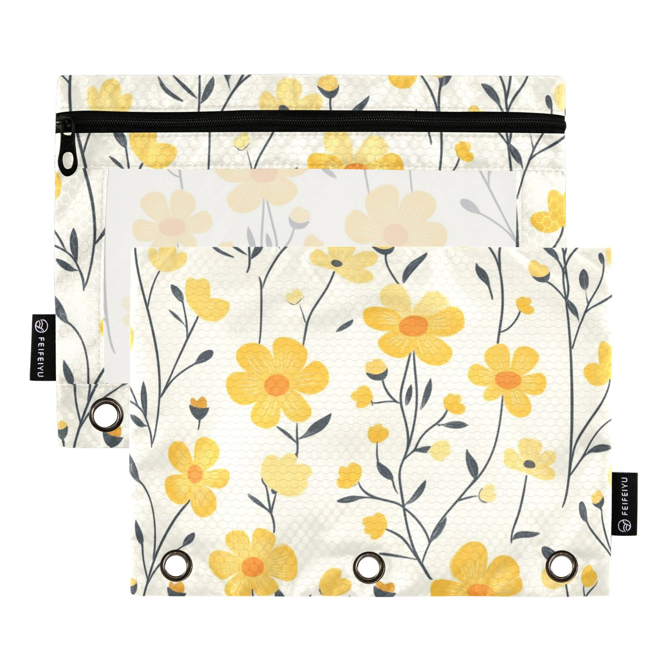 Yellow Florals Buds Leaves Hand Drawn Binder Pouches Zipper Pocket ...