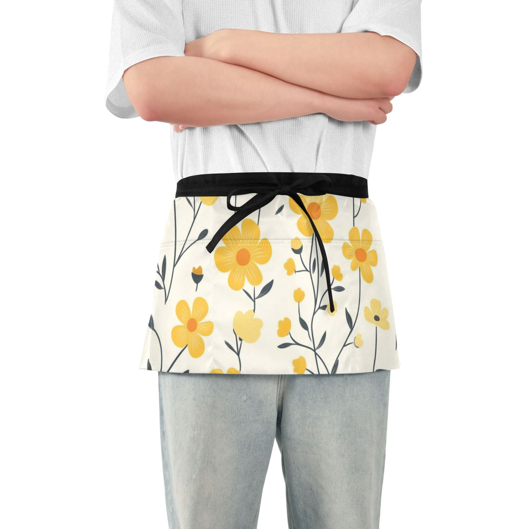 Yellow Florals Buds Leaves Hand Drawn Short Server Apron with 3 Pockets ...
