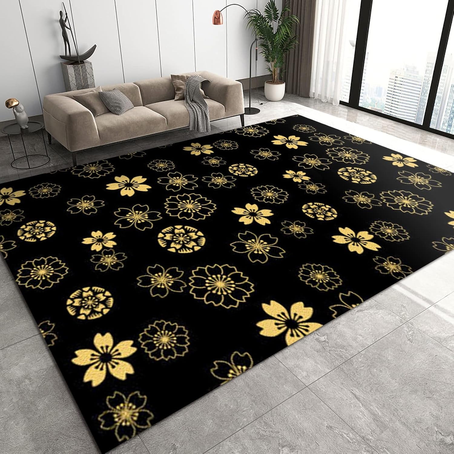 Yellow Flower Area Rugs, Black Cute Plant Carpet, Large Area Rug ...