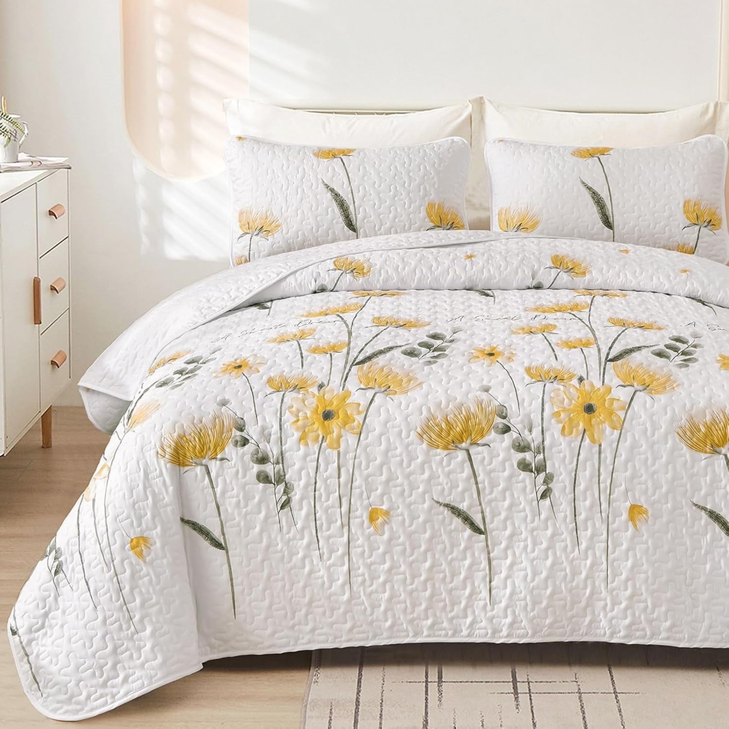 Yellow Flower Bedspread Coverlet 3 Pieces Queen Size Quilt Set Bedding ...