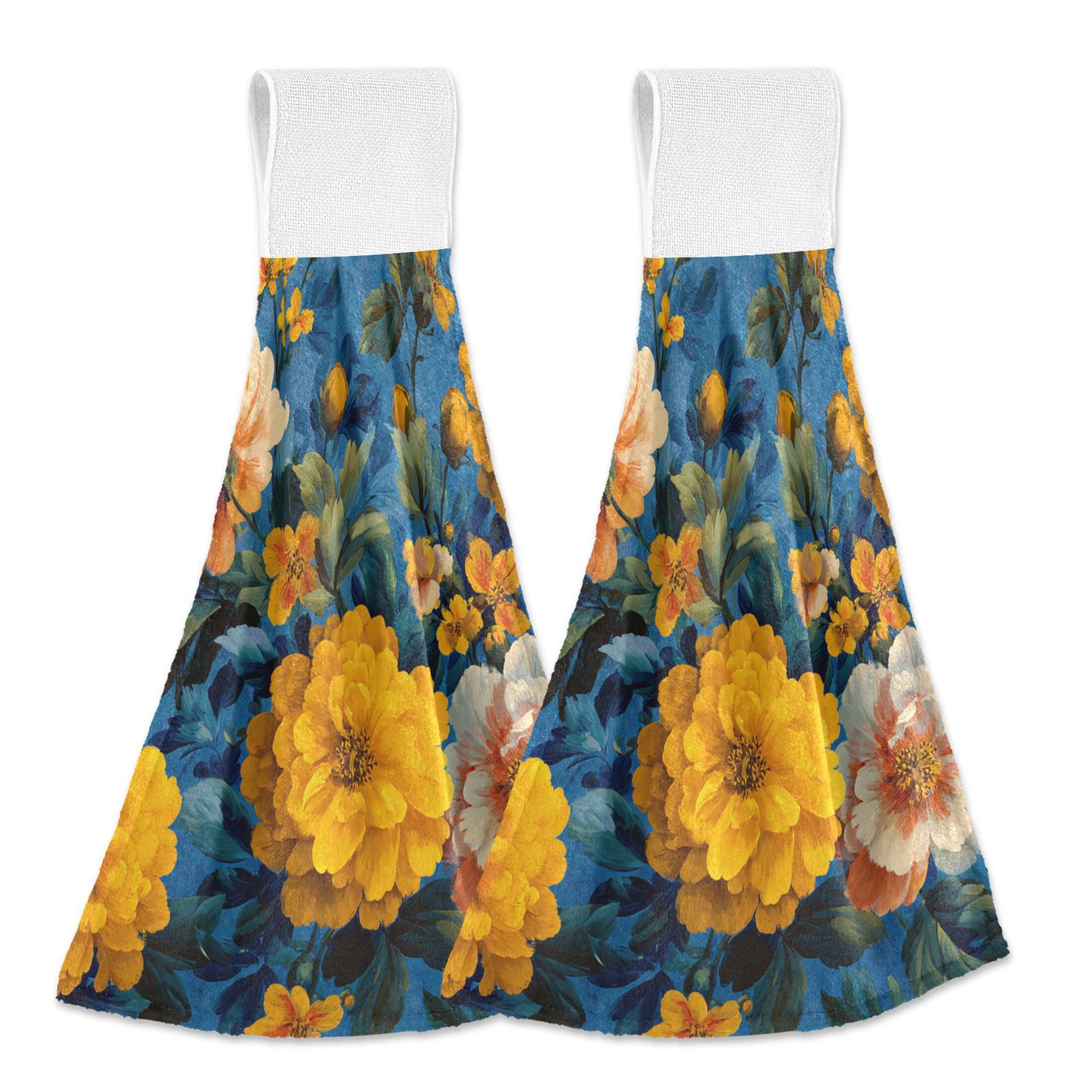 Yellow Flower Blue Green Leaves Hanging Towels with Loop Hand Towels ...
