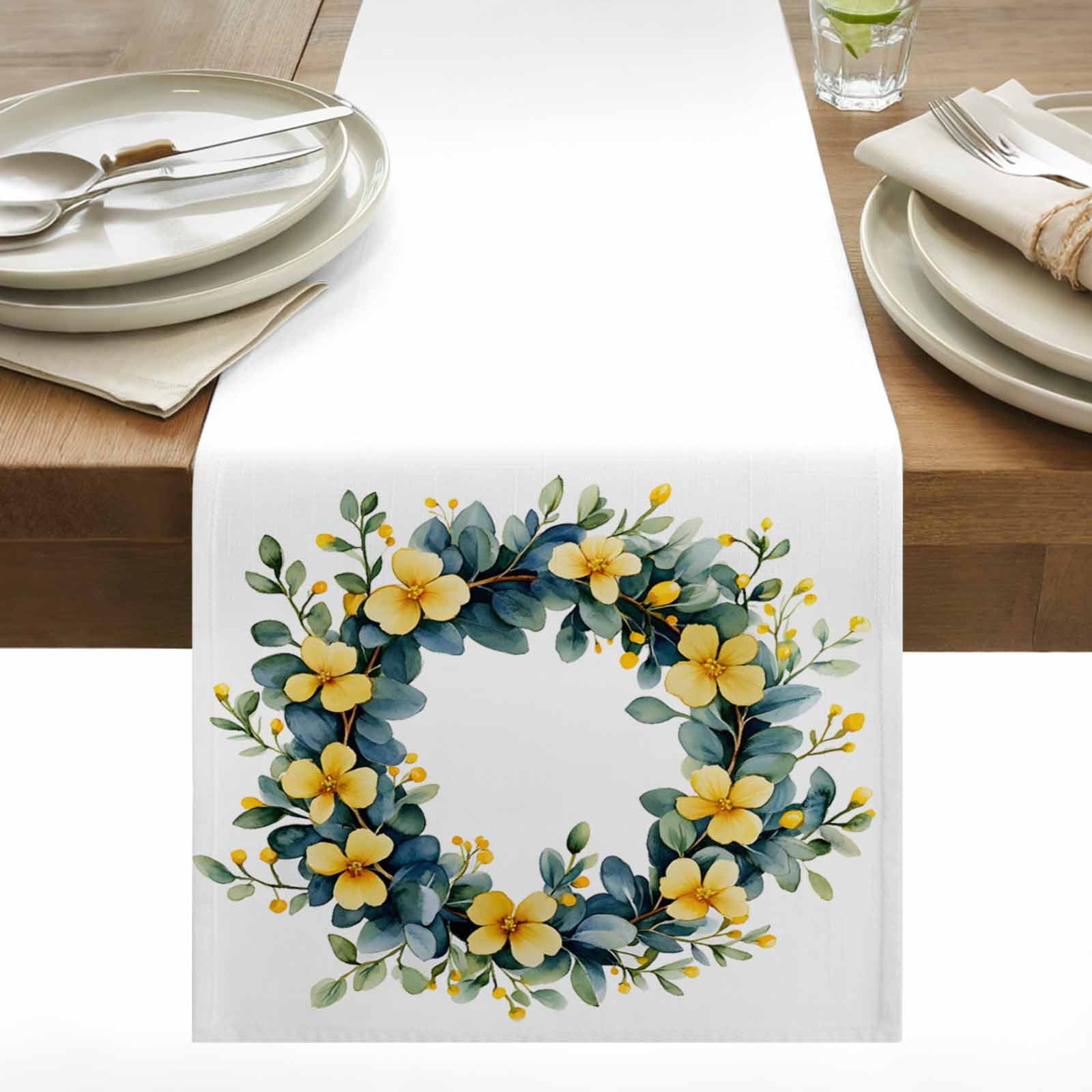 Yellow Flower Eucalyptus Wreath Cotton Linen Table Runner Country ...
