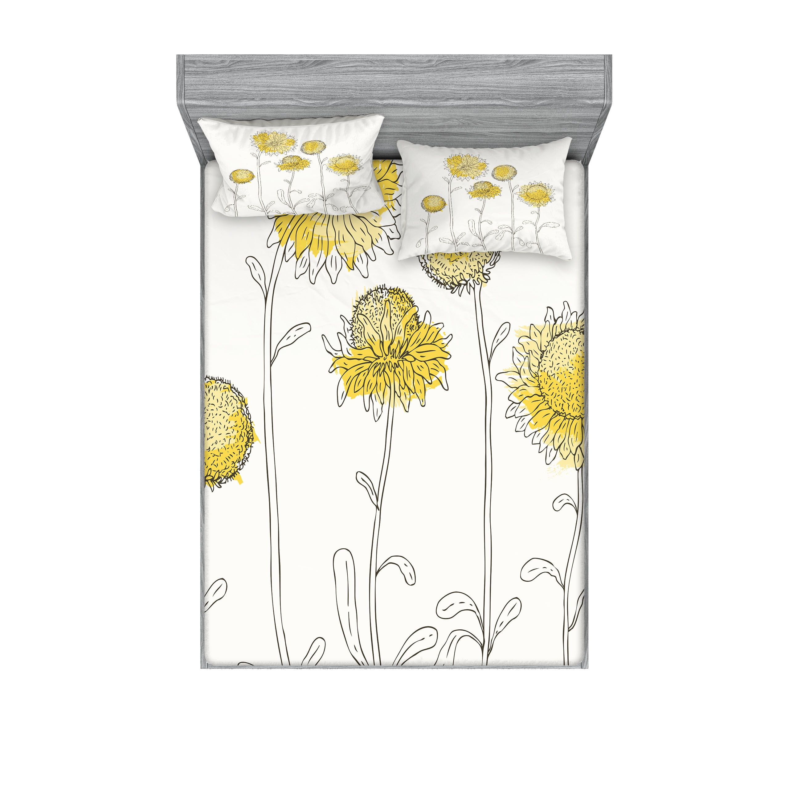 Yellow Flower Fitted Sheet & Pillow Sham Set, Hand Drawn Style ...