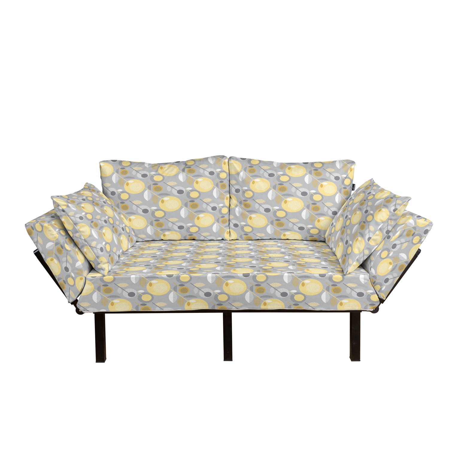 Yellow Flower Futon Couch, Abstract Geometric 60's Pattern in Modern ...