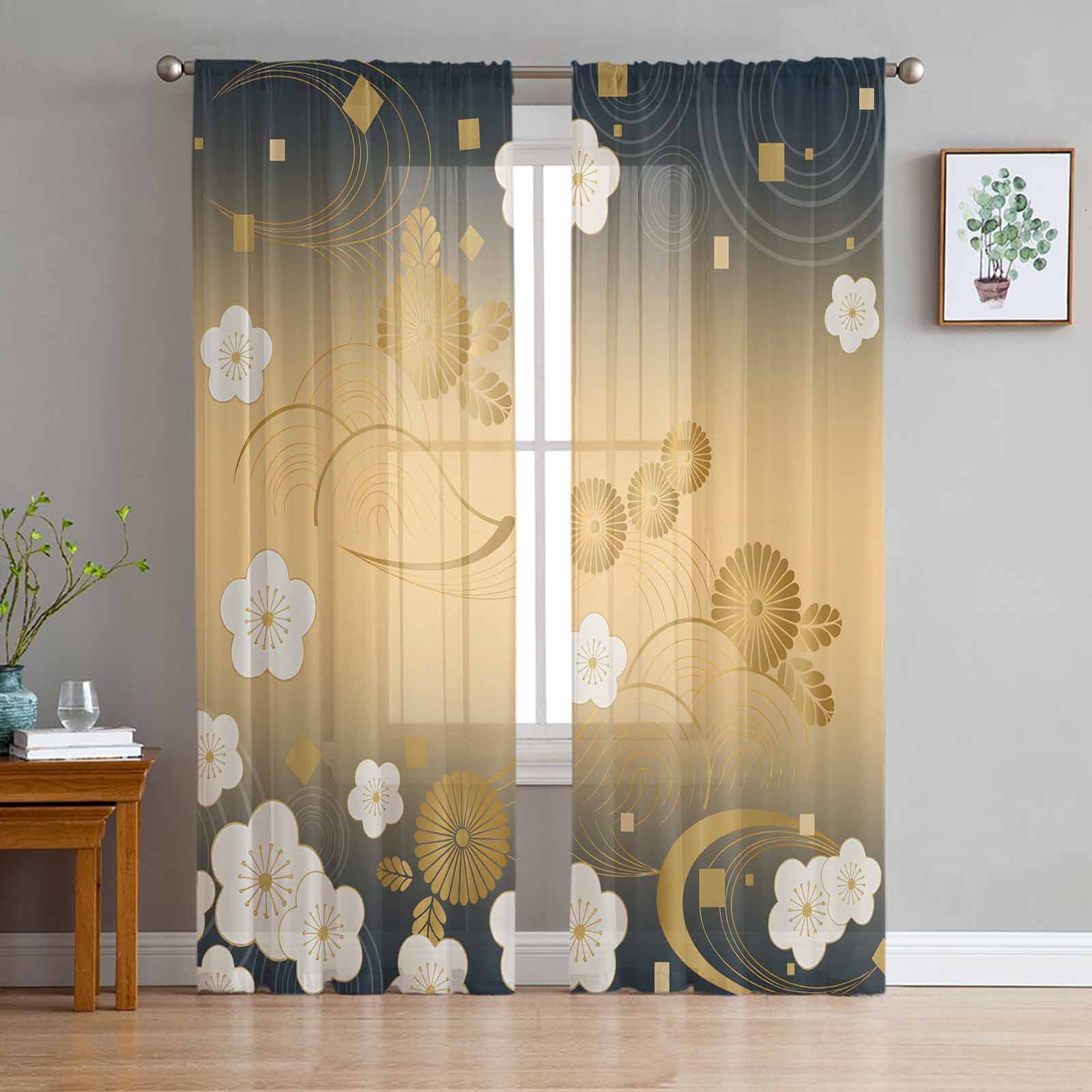 Yellow Flower Sheer Curtains 72 Inches Long 2 Panels Set, Window Sheer ...