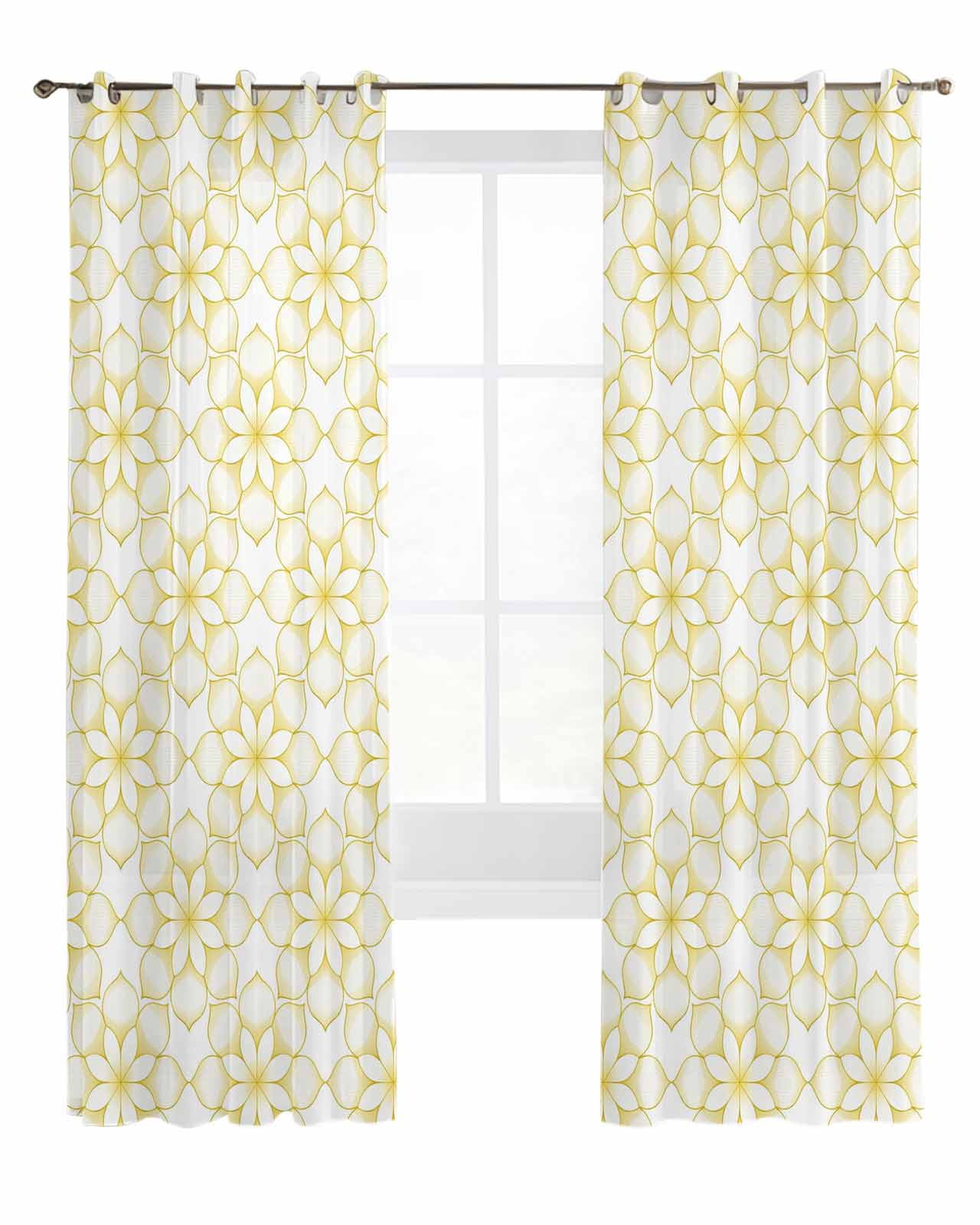 Yellow Flower Sheer Curtains 84 Inch Length 2 Panels Retro Tribal Art ...