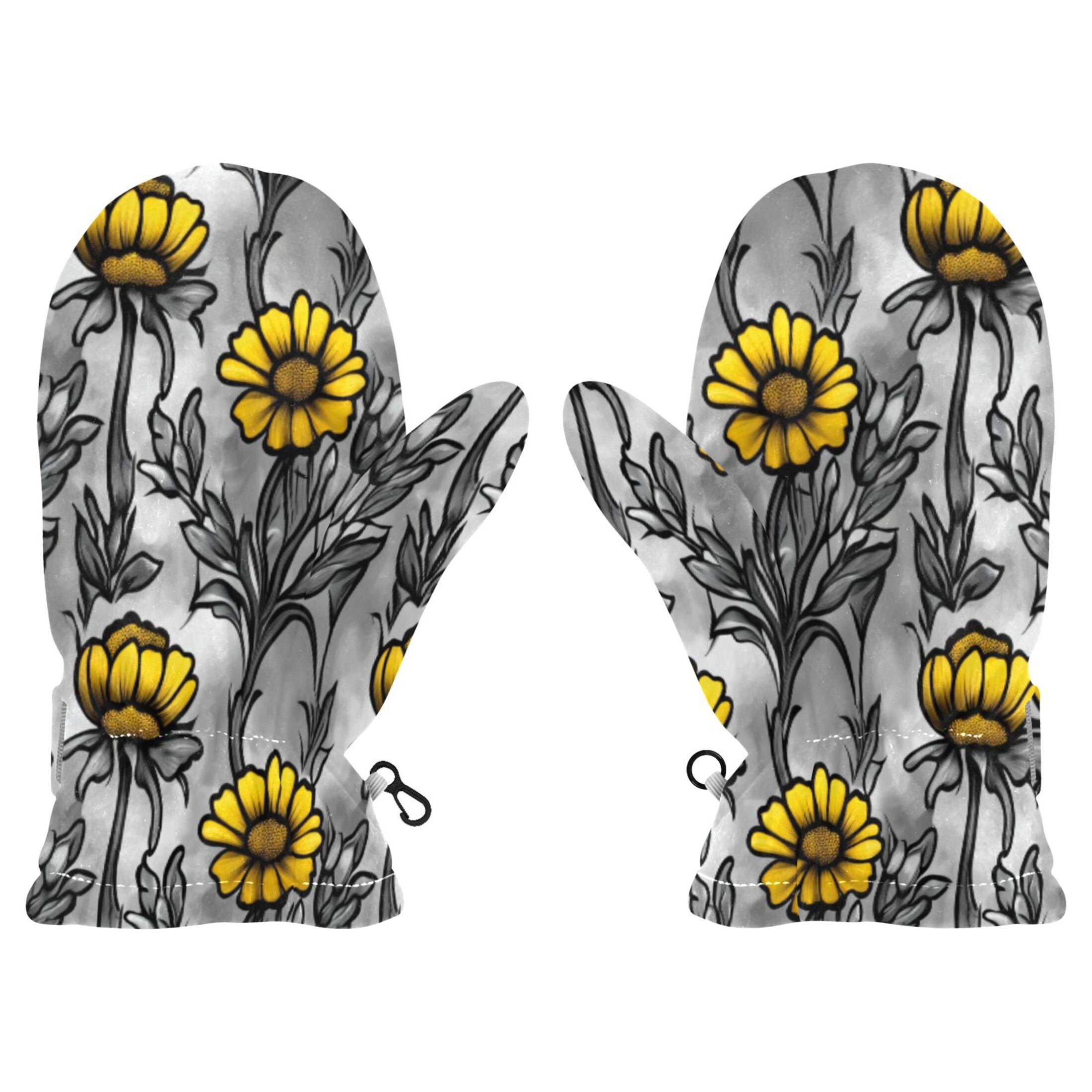 Yellow Flower Sketch Witch Cauldron Pattern Cold Weather Mittens Cozy ...