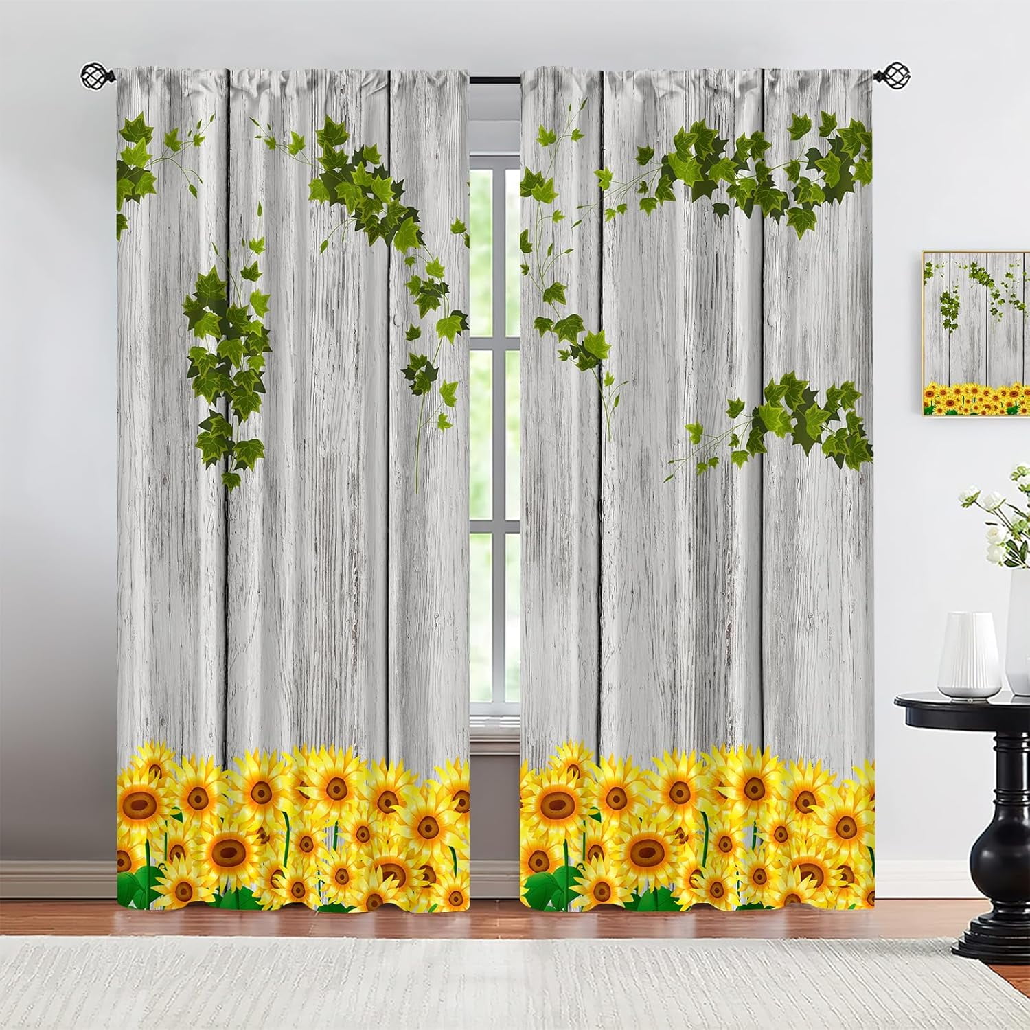 Yellow Flower Sunflower Pinch Pleated Blackout Curtains, Retro Rustic ...