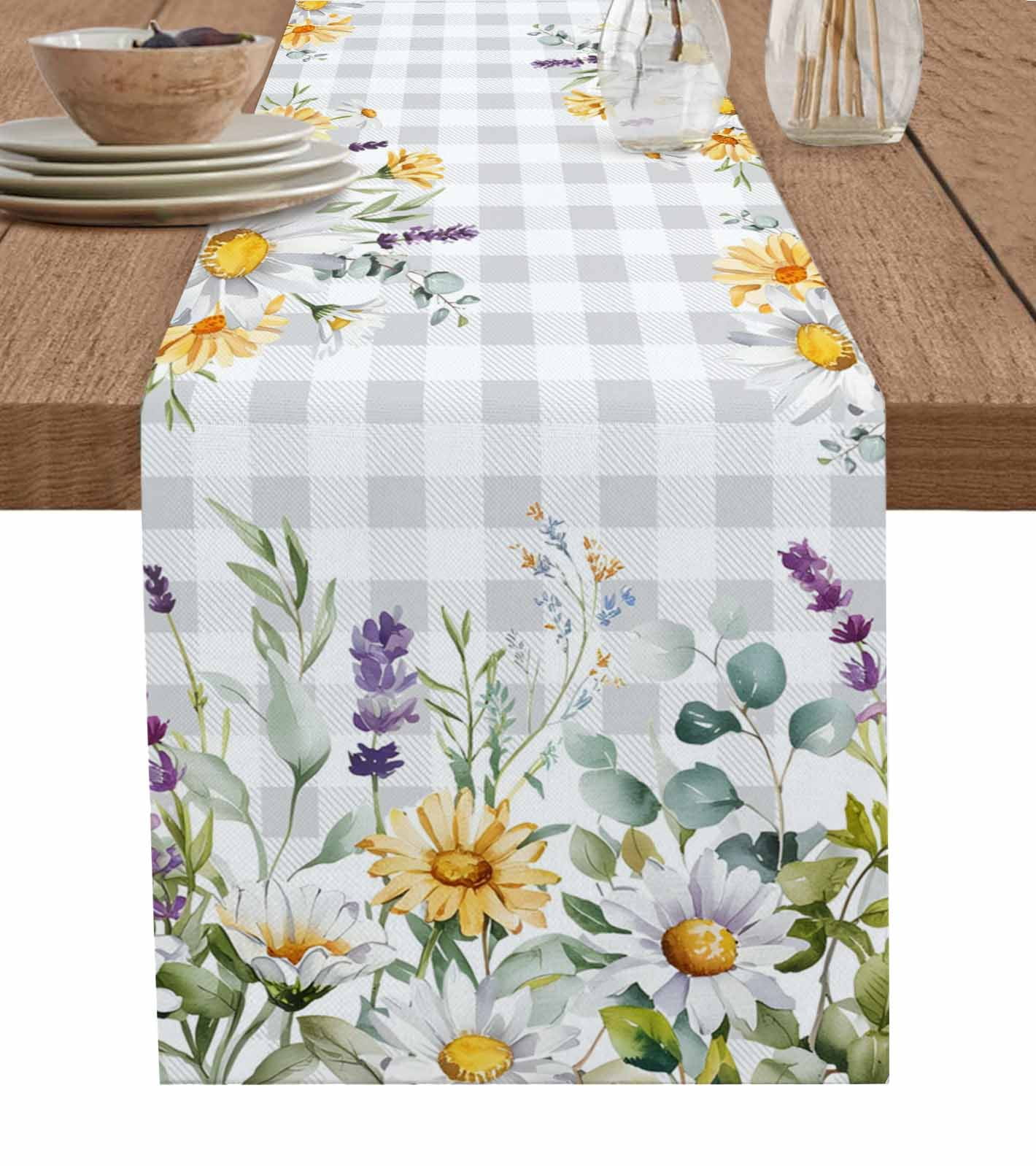 Yellow Flower Table Runner 72 Inches, Country Eucalyptus Lavender Daisy ...