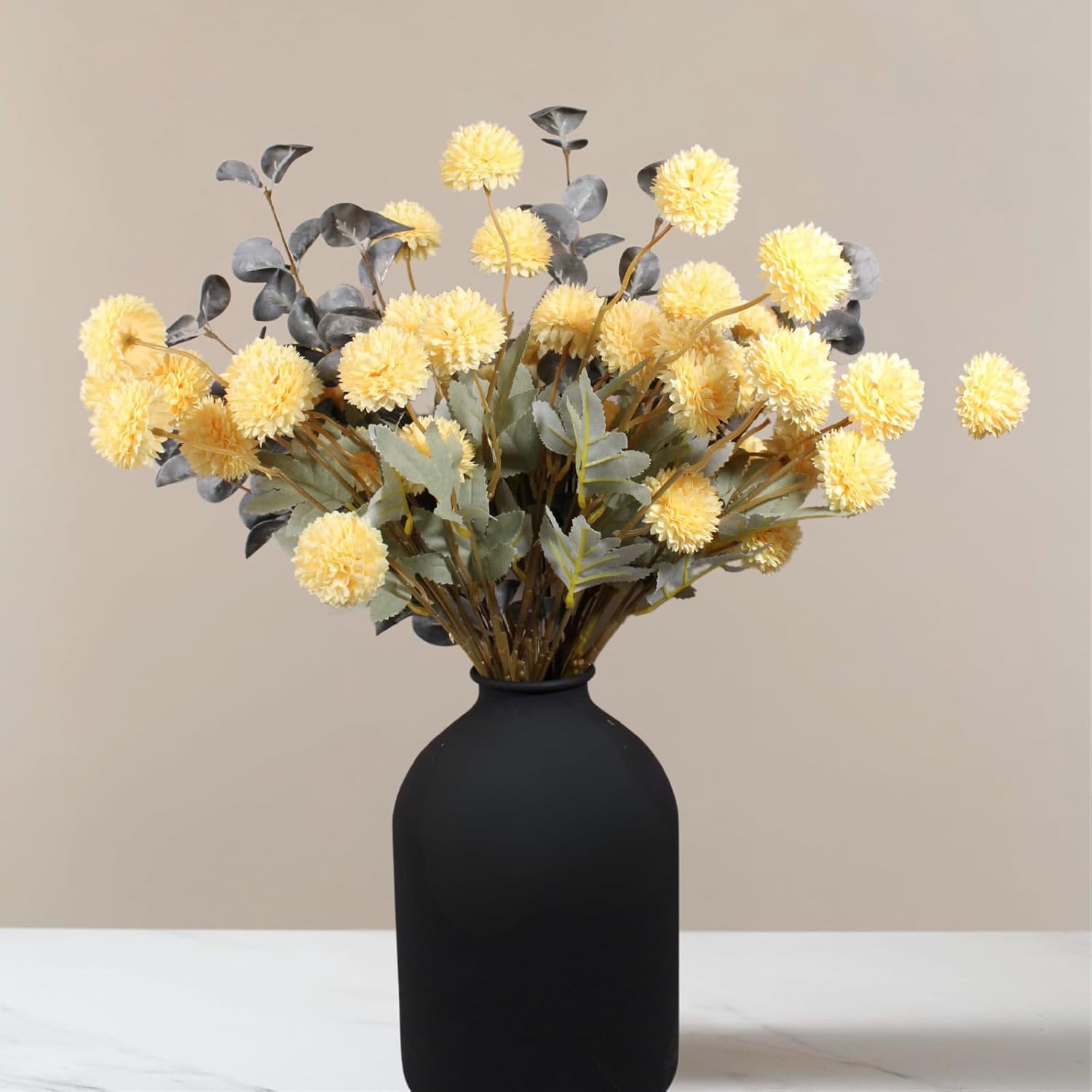 Yellow Flowers Artificial Long Stems Kiku Flower With Eucalyptus ...