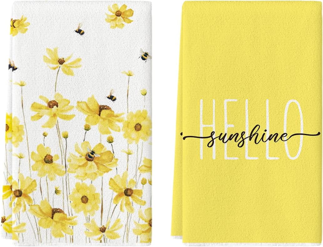 Yellow Flowers Bee Hello Sunshine Spring Kitchen Towels Dish Towels ...