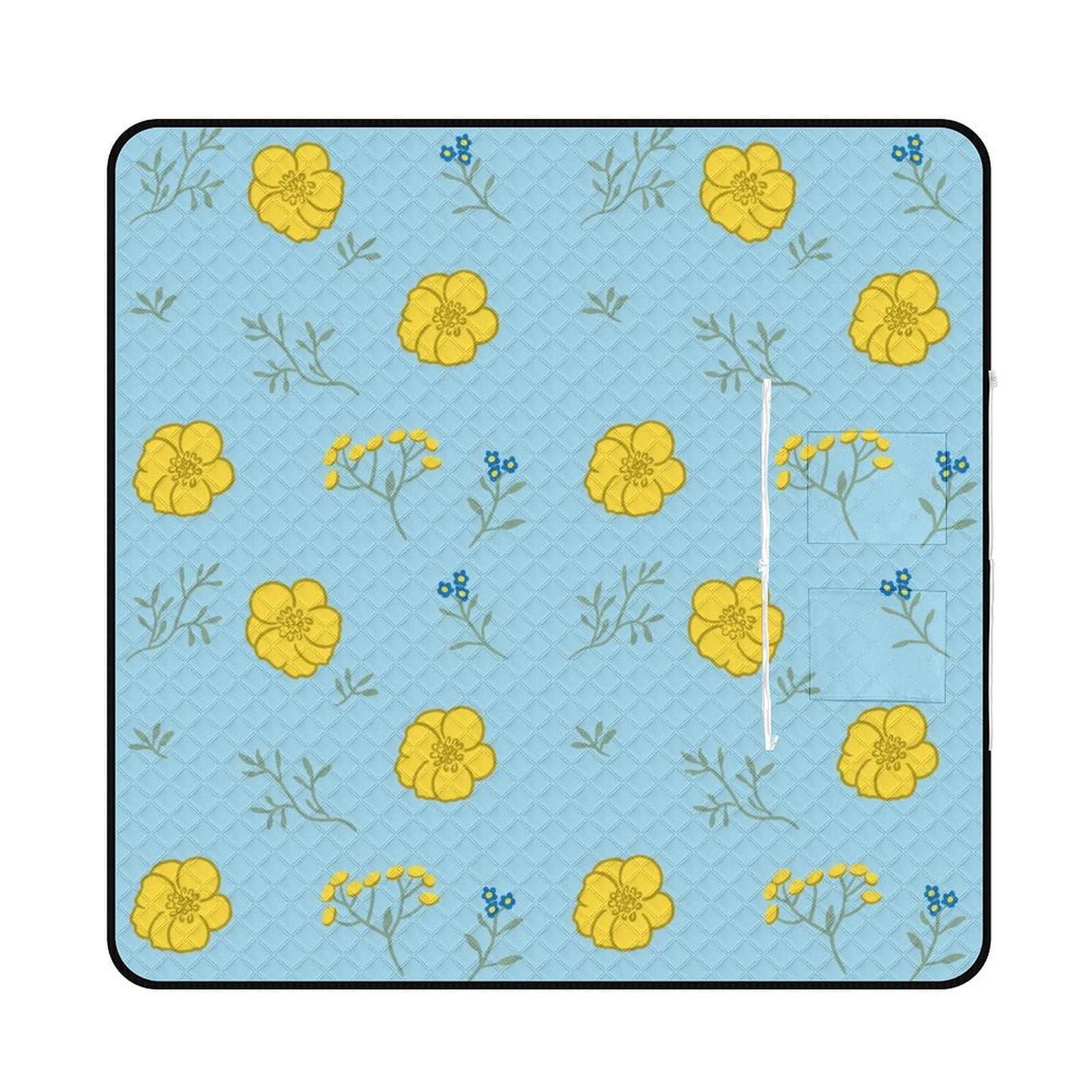 Yellow Flowers, Blue Background, Summer Waterproof Beach Mat Folding ...