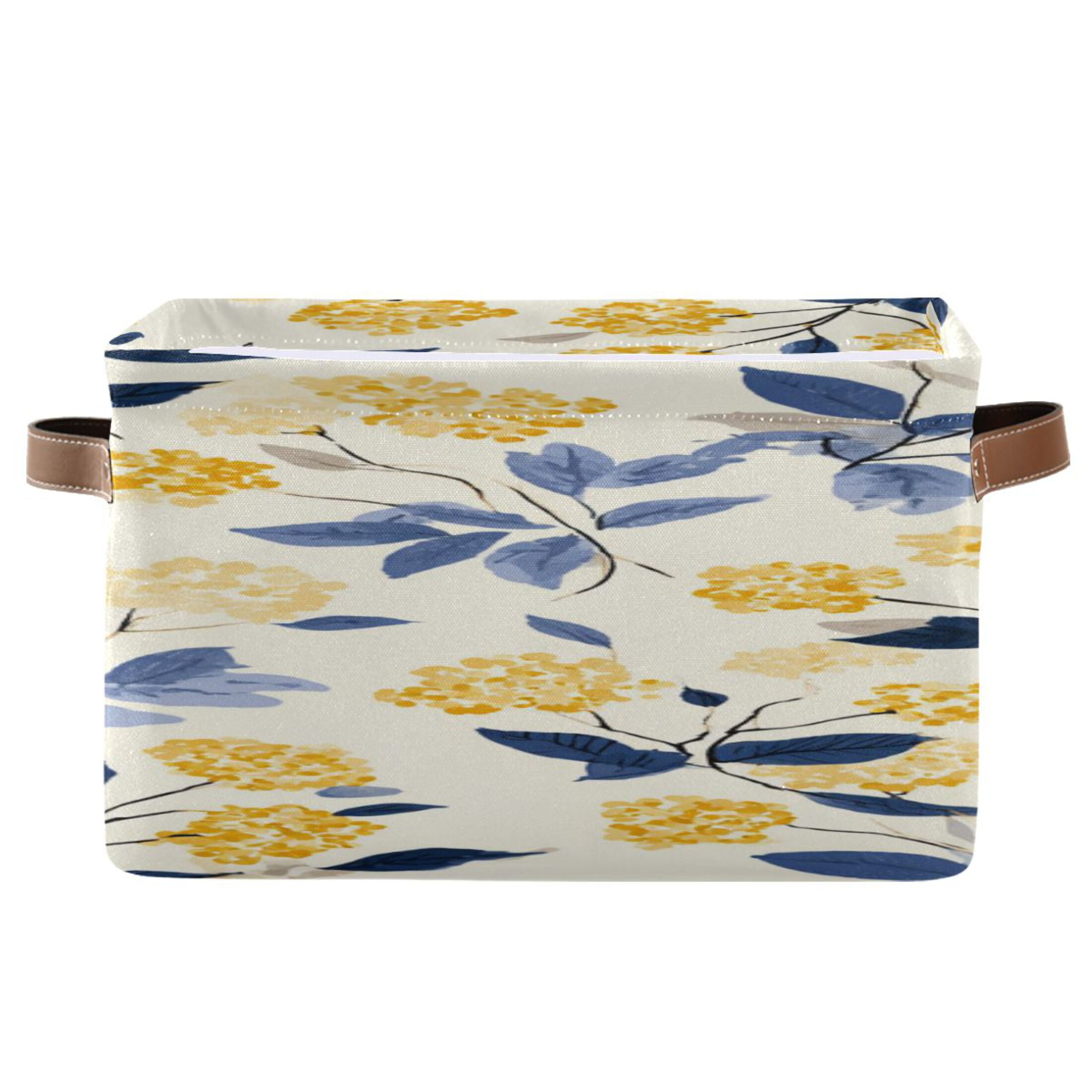 Yellow Flowers Blue Leaves Watercolor Square Storage Bins with Handles ...