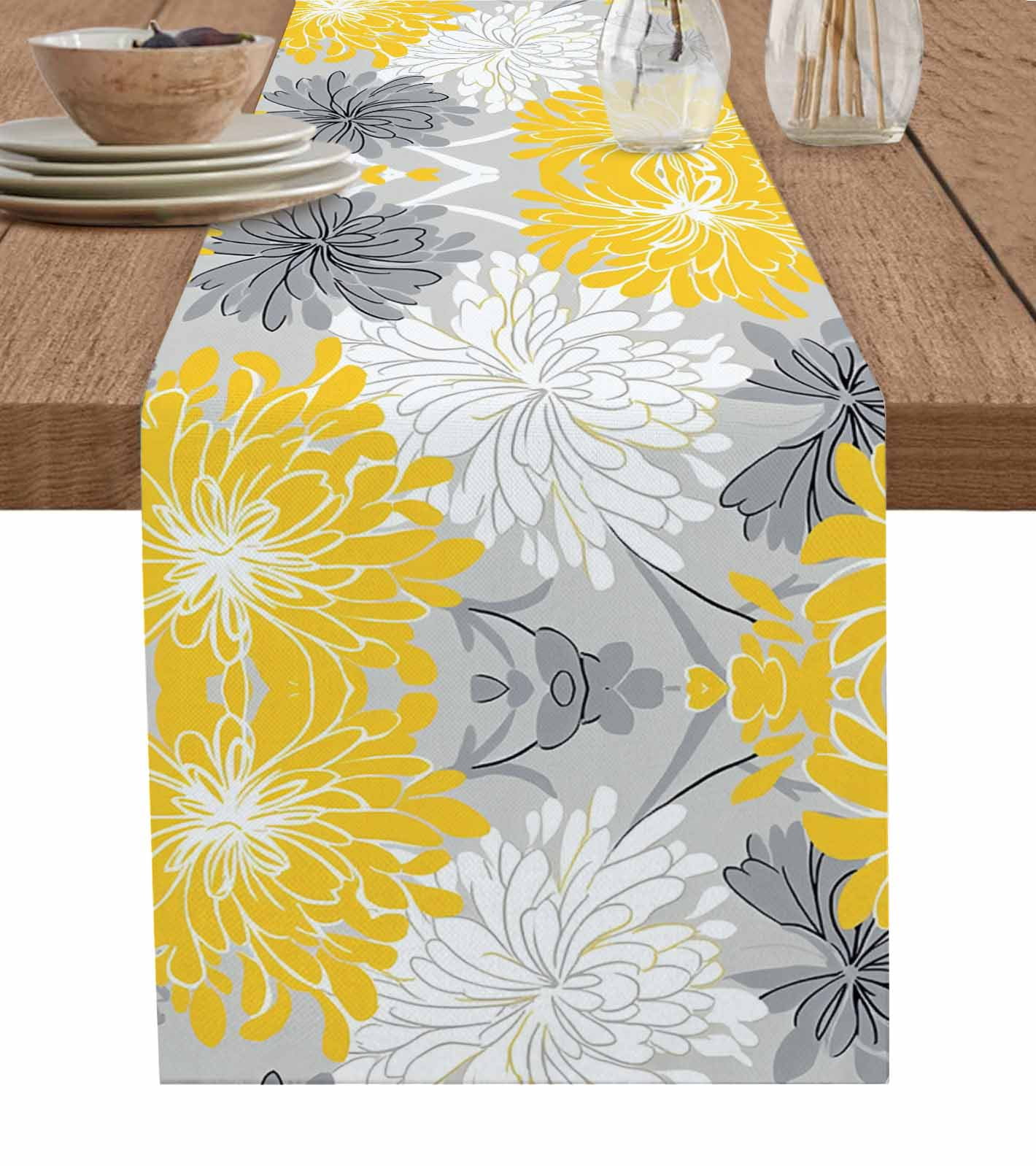 Yellow Flowers Burlap Cotton Table Runner 13x60 Inches Long, Retro ...