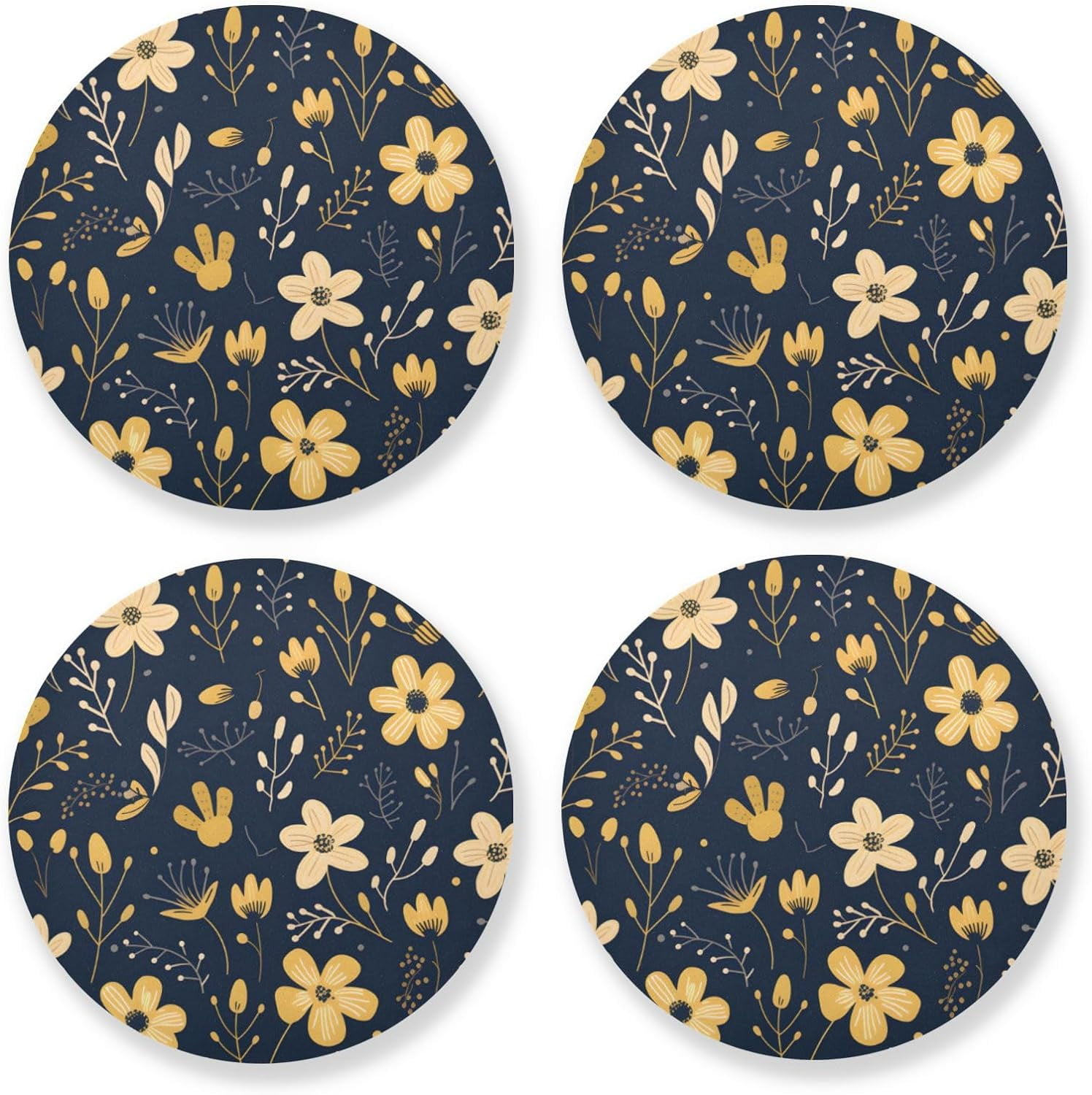 Yellow Flowers Drinks Coasters, Non-Scratch Cork Base Round Cups Mats ...