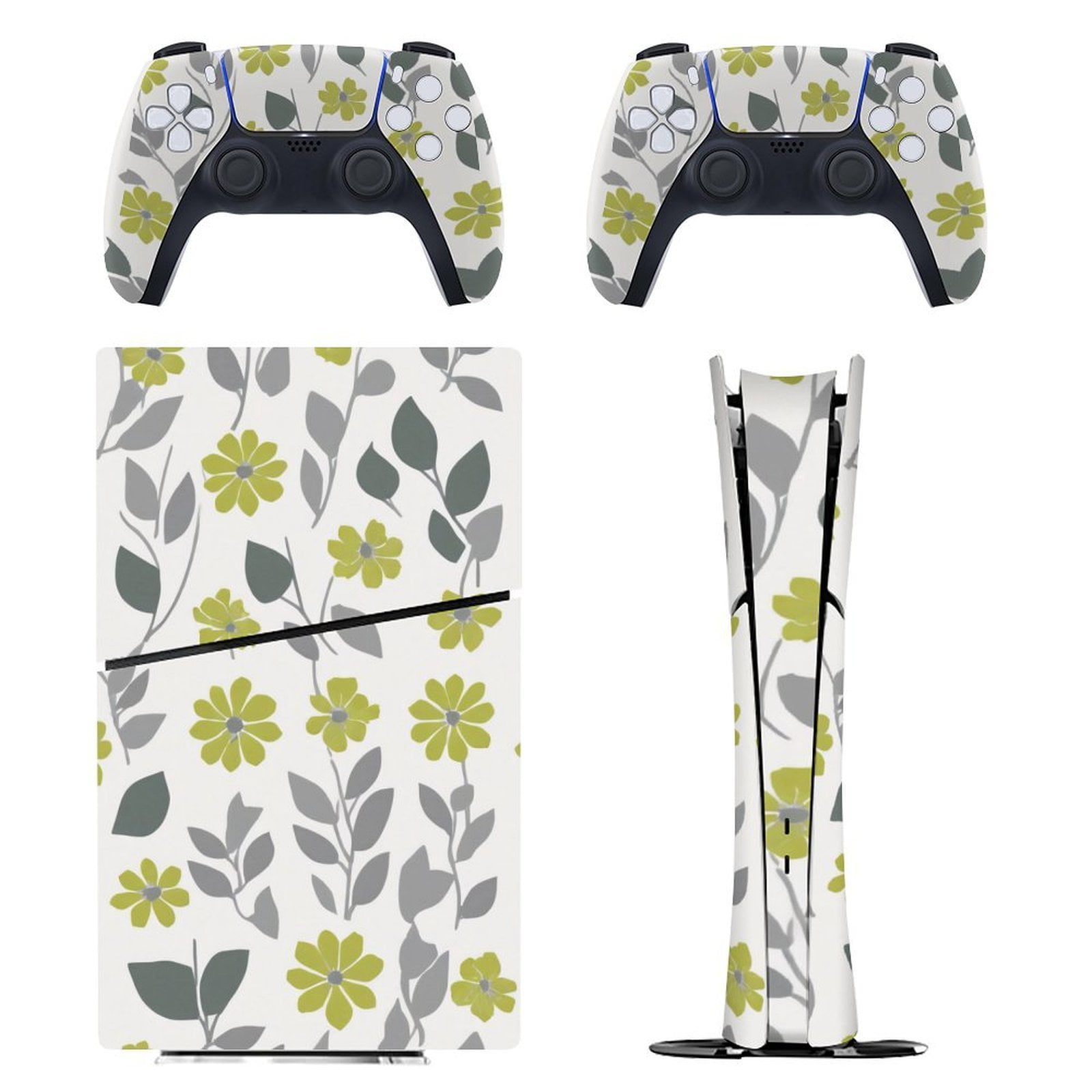 Yellow Flowers Gray Leaves Console Skin Bundle for PS5 Pro Slim Disc ...