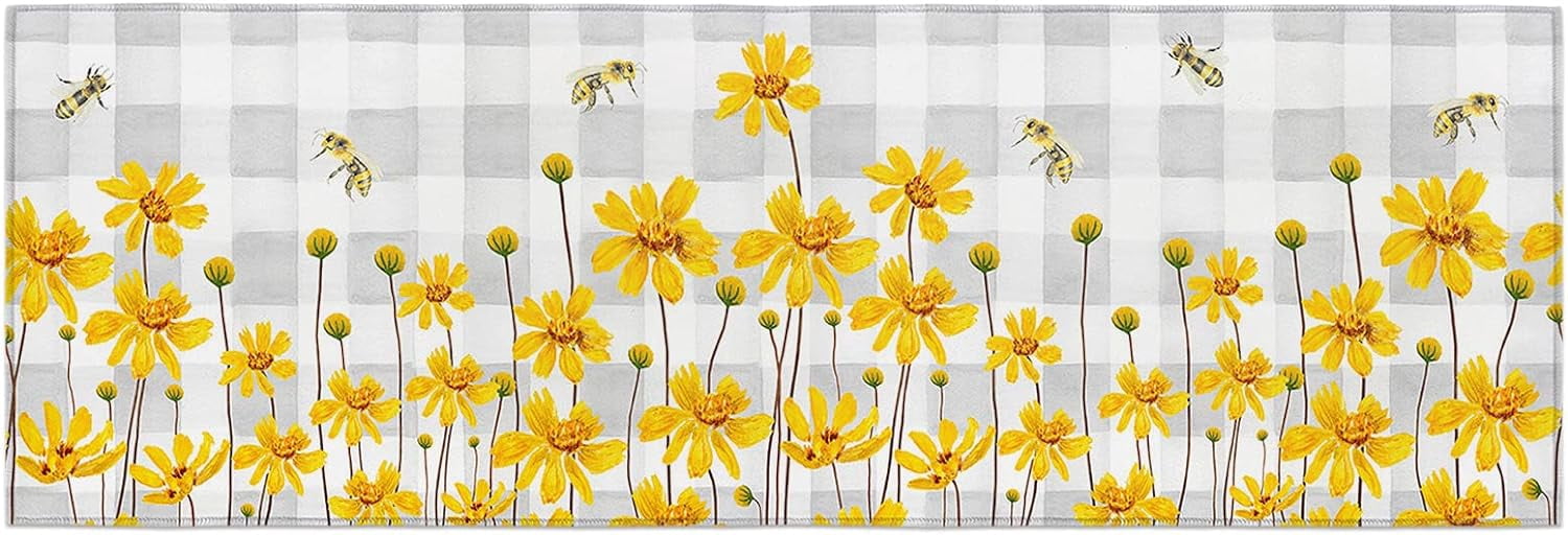 Yellow Flowers Kitchen Mat Set of 2, Cushioned Anti-Fatigue Non-Slip ...