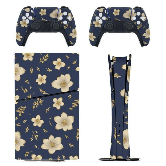 Yellow Flowers Navy Console Skin Bundle for PS5 Pro Slim Disc & Digital ...