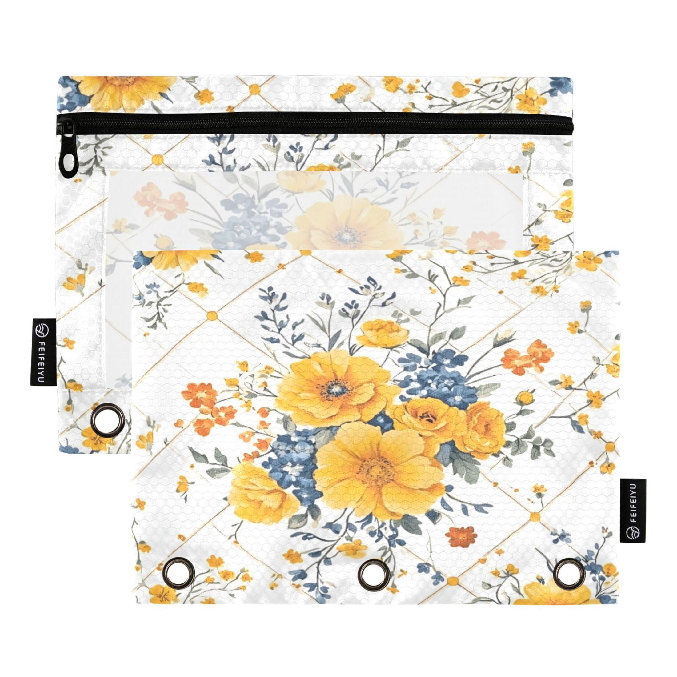 Yellow Flowers Pattern 9.8x7.1in Water Resistant Binder Pouch, 3-Ring ...