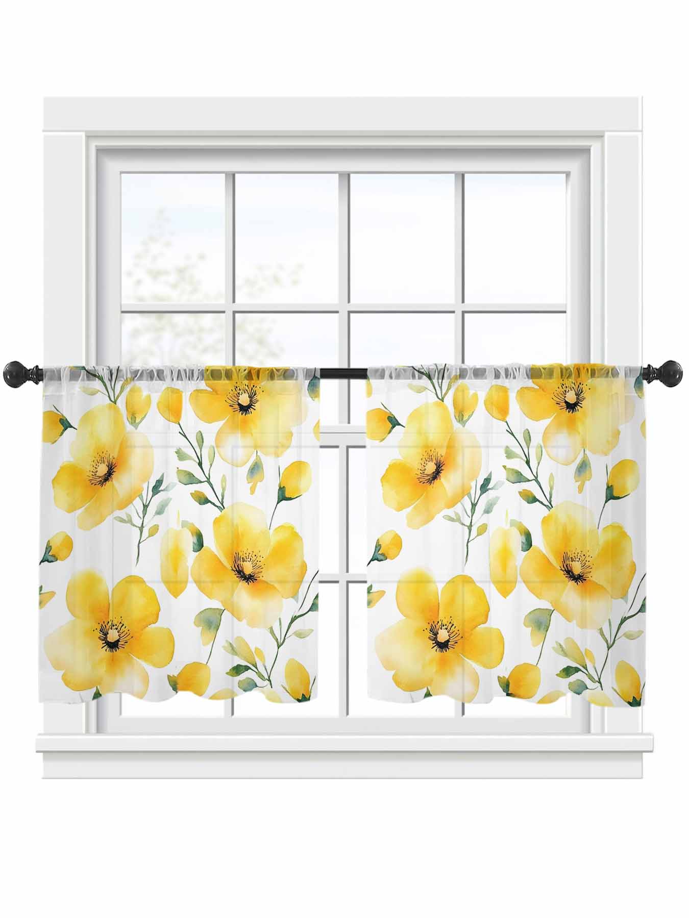 Yellow Flowers Sheer Curtains 2 Panels Set Spring Watercolor Herb Plant ...