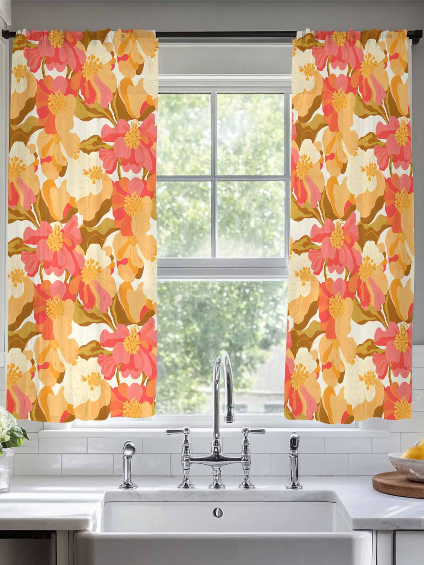 Yellow Flowers Sheer Curtains for Living Room Bedroom Orange Botanical ...