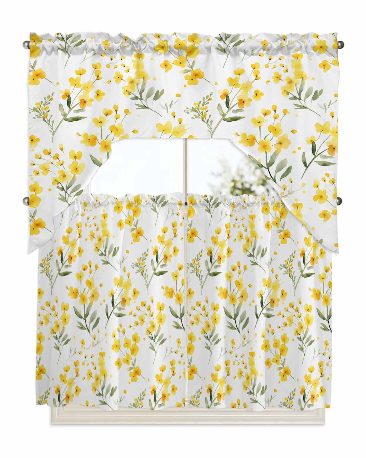 Yellow Flowers Spring Kitchen Curtains Swag Valance and Tier Curtains Set 36 Inch Length ...