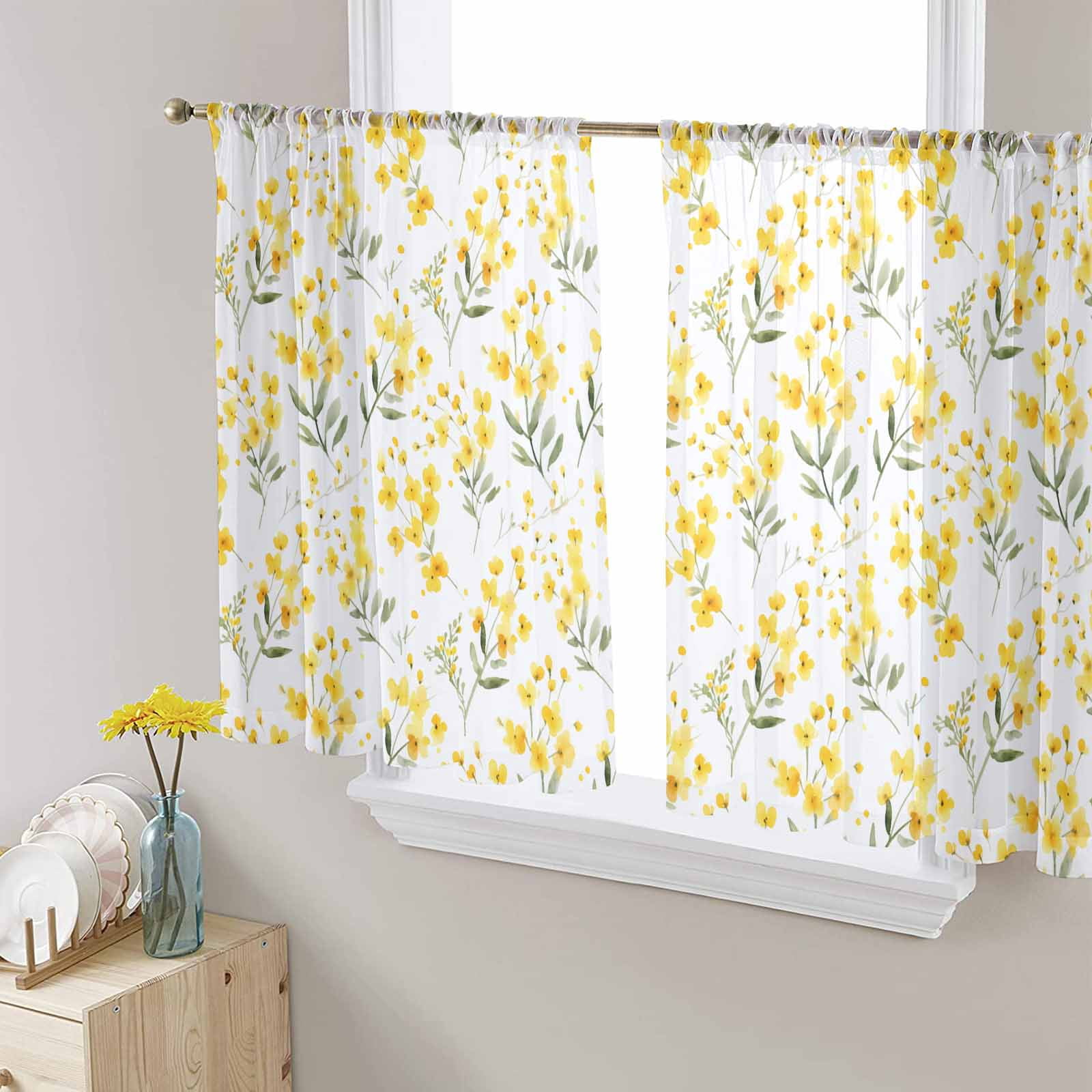 Yellow Flowers Spring Semi Sheer Curtains 45 Inch Length 2 Panels Set ...