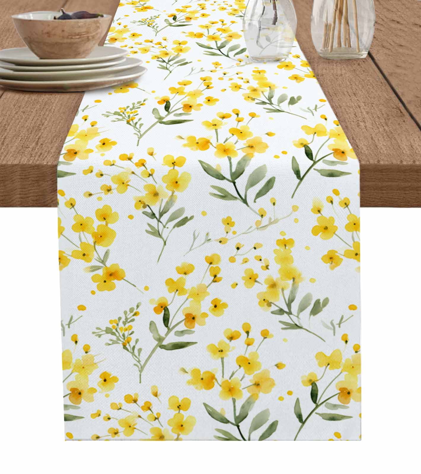 Yellow Flowers Spring Table Runner Elegant Farmhouse Botanical ...