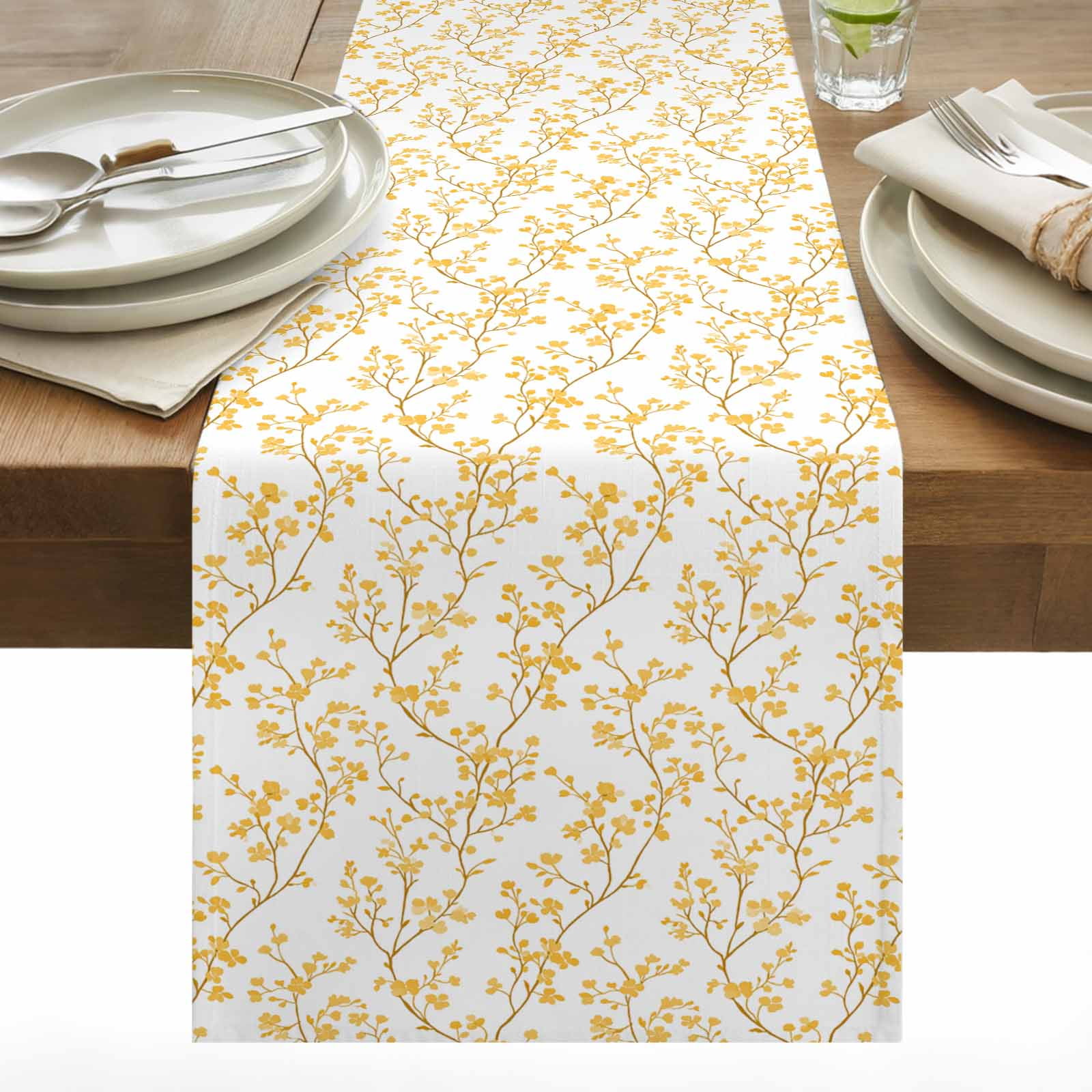 Yellow Flowers Table Runner 13x36 inch Branches Cotton Linen Dining ...