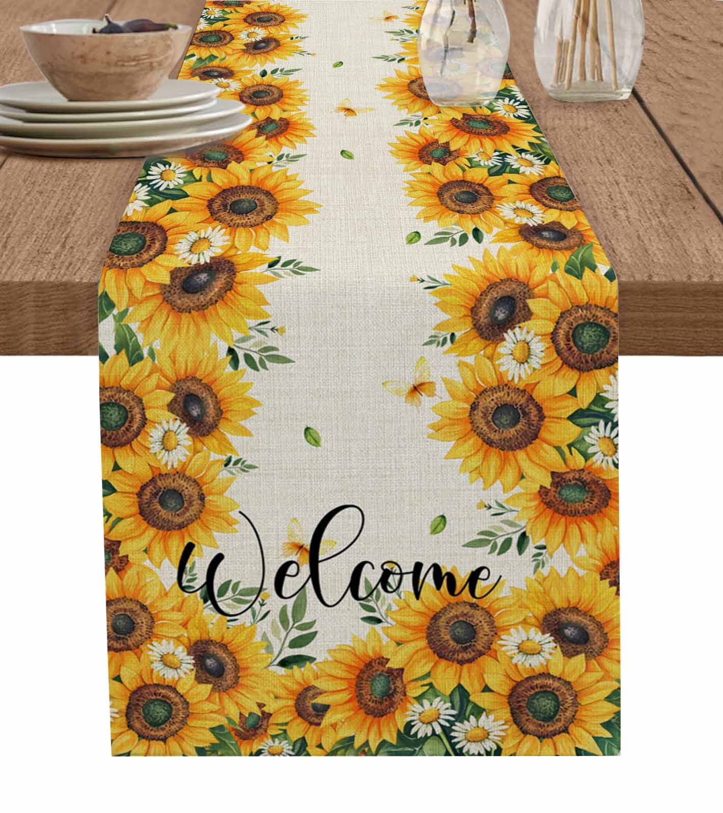 Yellow Flowers Table Runner 90 Inches, Spring Daisy Leaves Beige ...