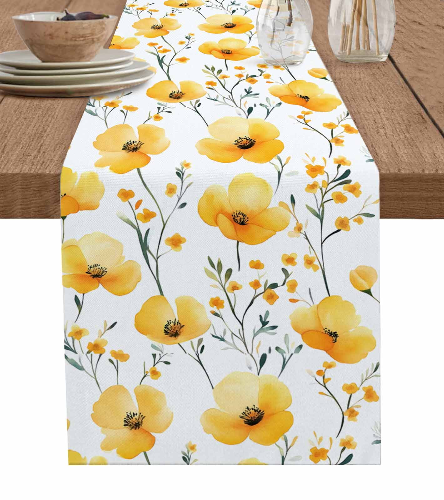 Yellow Flowers Table Runner 90 Inches, Spring Watercolor Botanical ...