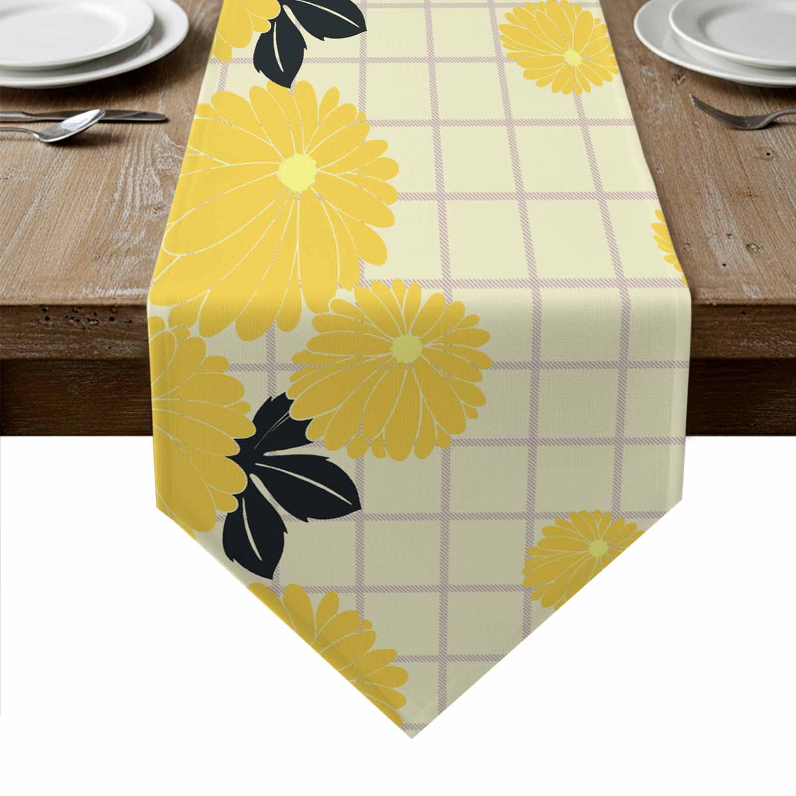Yellow Flowers Table Runner Linen Burlap Table Runner 108 Inches Long ...