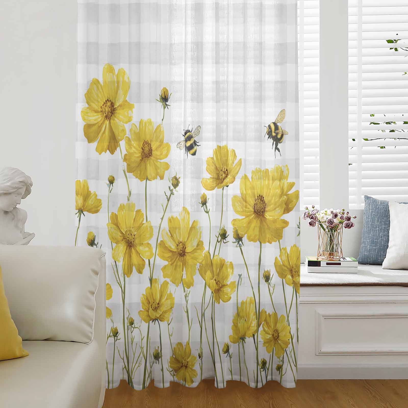 Yellow Flowers Window Curtain 45 Inches Long,Grey Plaid Vintage Bee ...