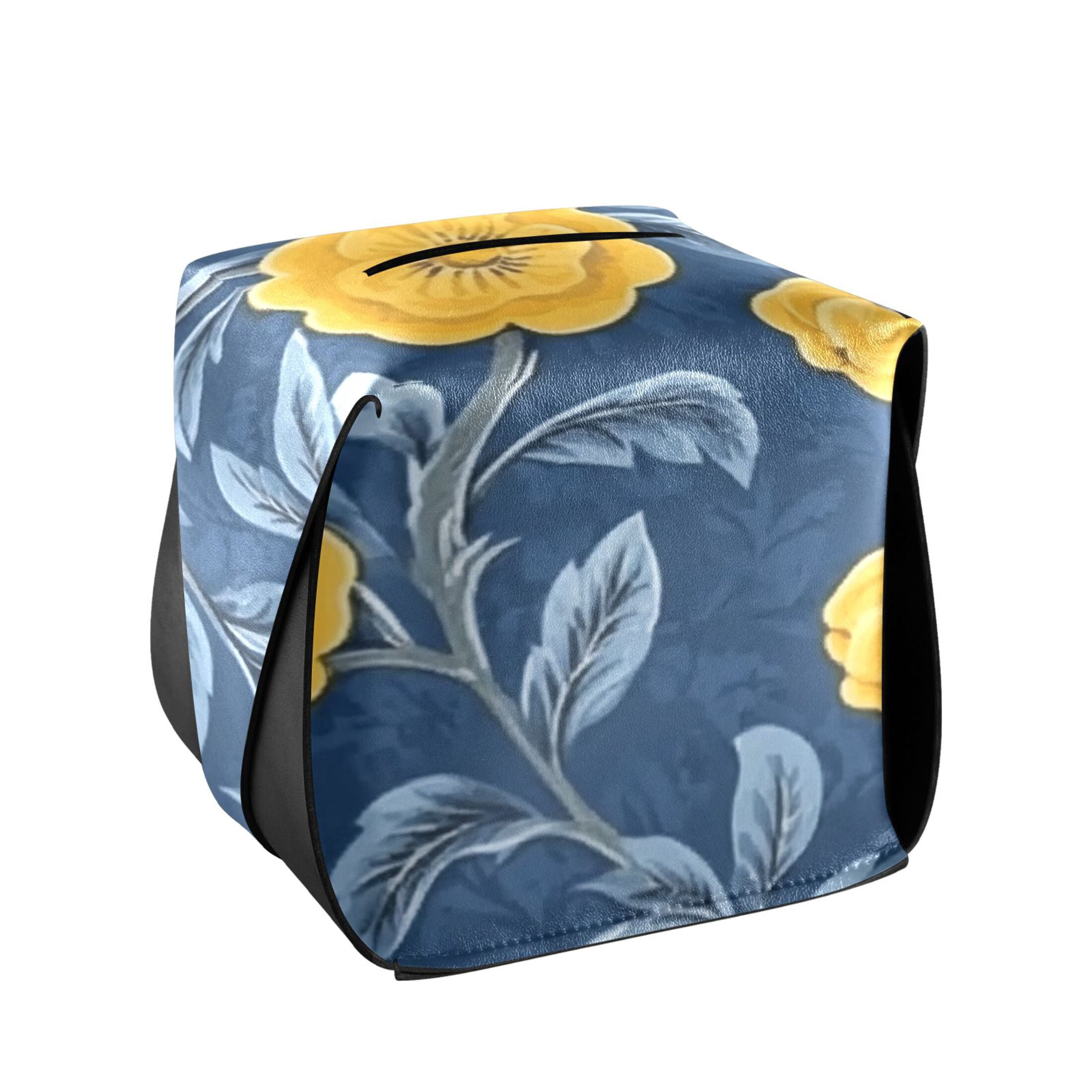 Yellow Flowers on Blue Tissue Box Cover Leather Square Rectangle Tissue ...