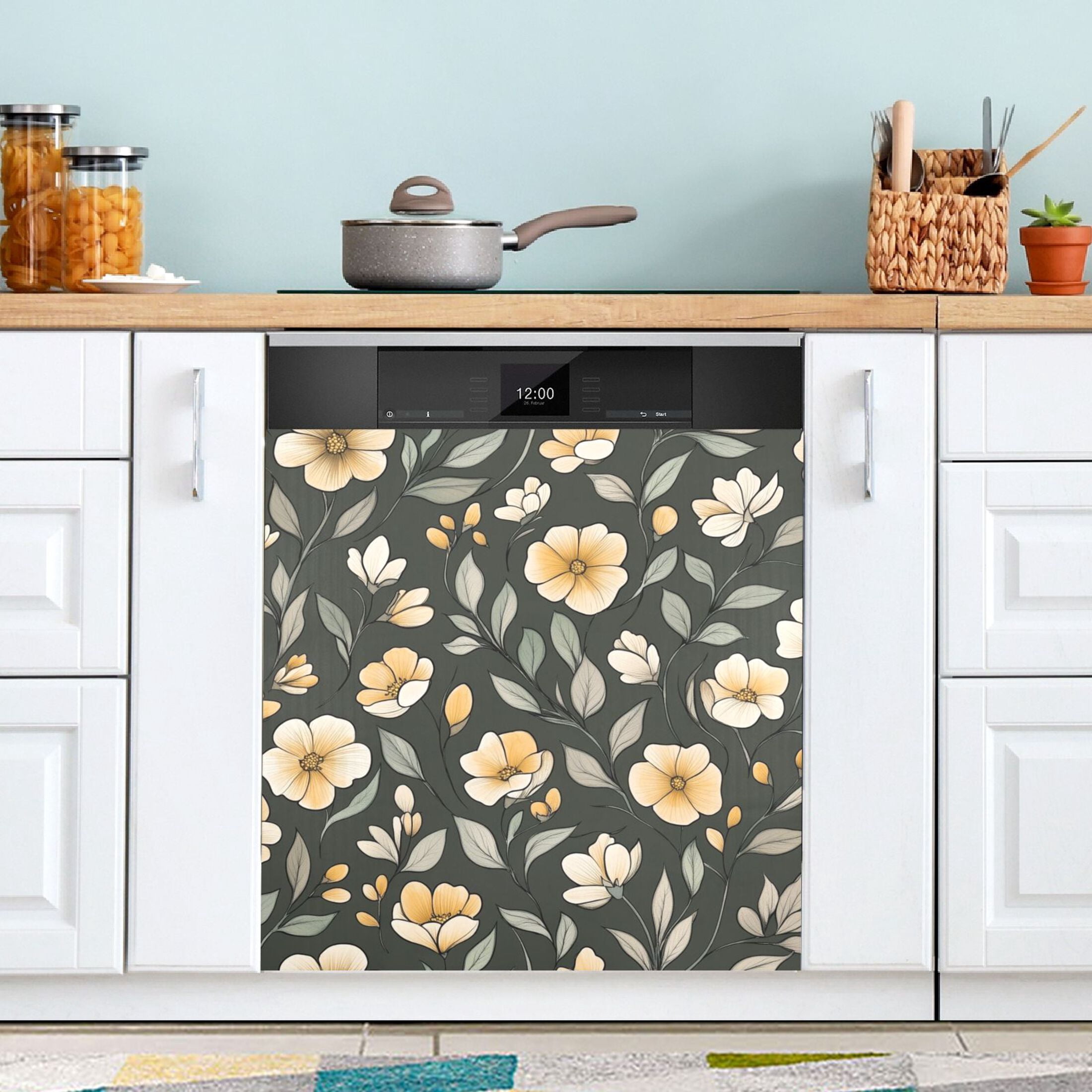 Yellow Flowers on Dark Green Dishwasher Magnet Cover for Washers Fridge ...