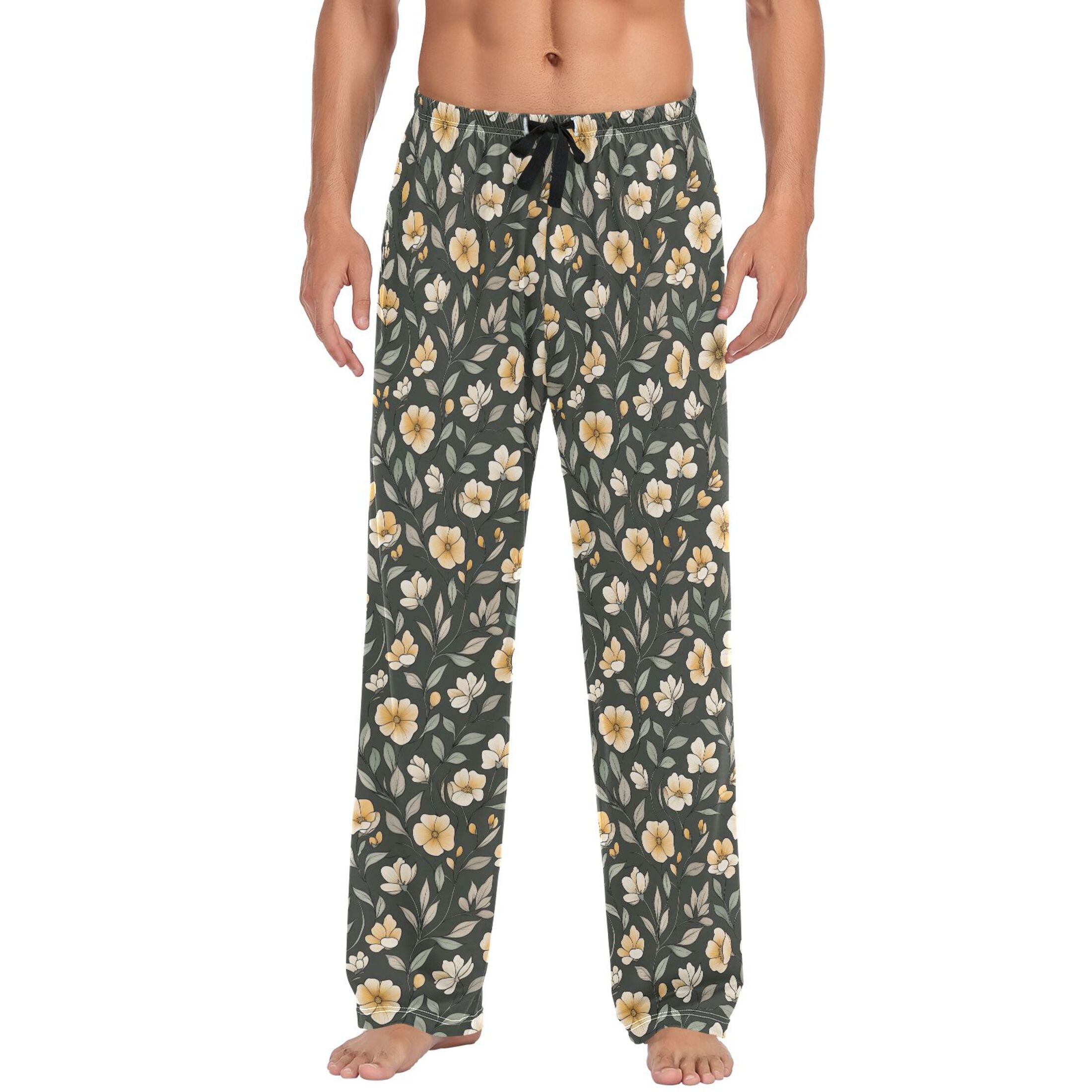 Yellow Flowers on Dark Green Mens Pajama Pant Sleep and Lounge Bottons ...