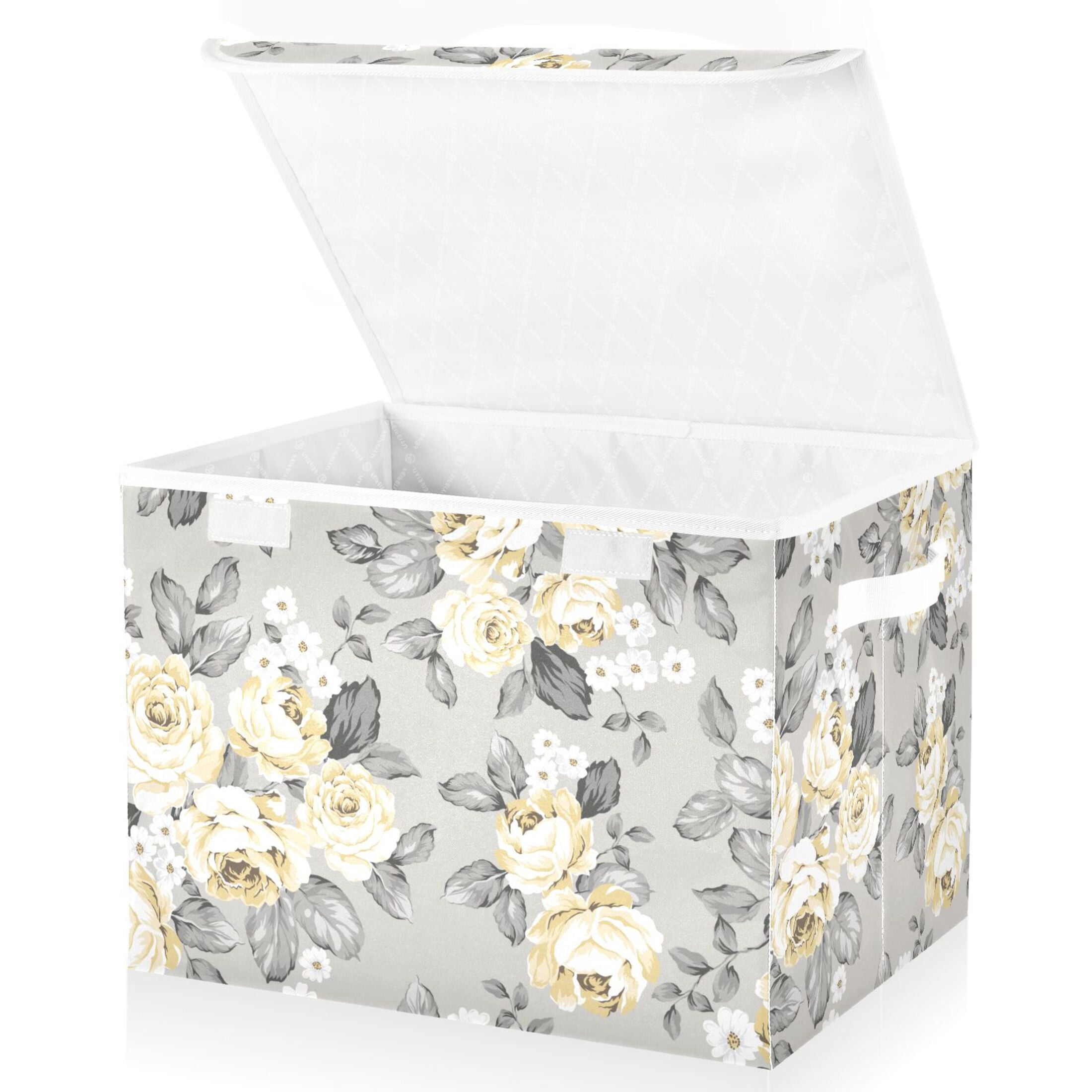 Yellow Flowers on Grey Large Lidded Bin Foldable Storage Baskets Boxes ...