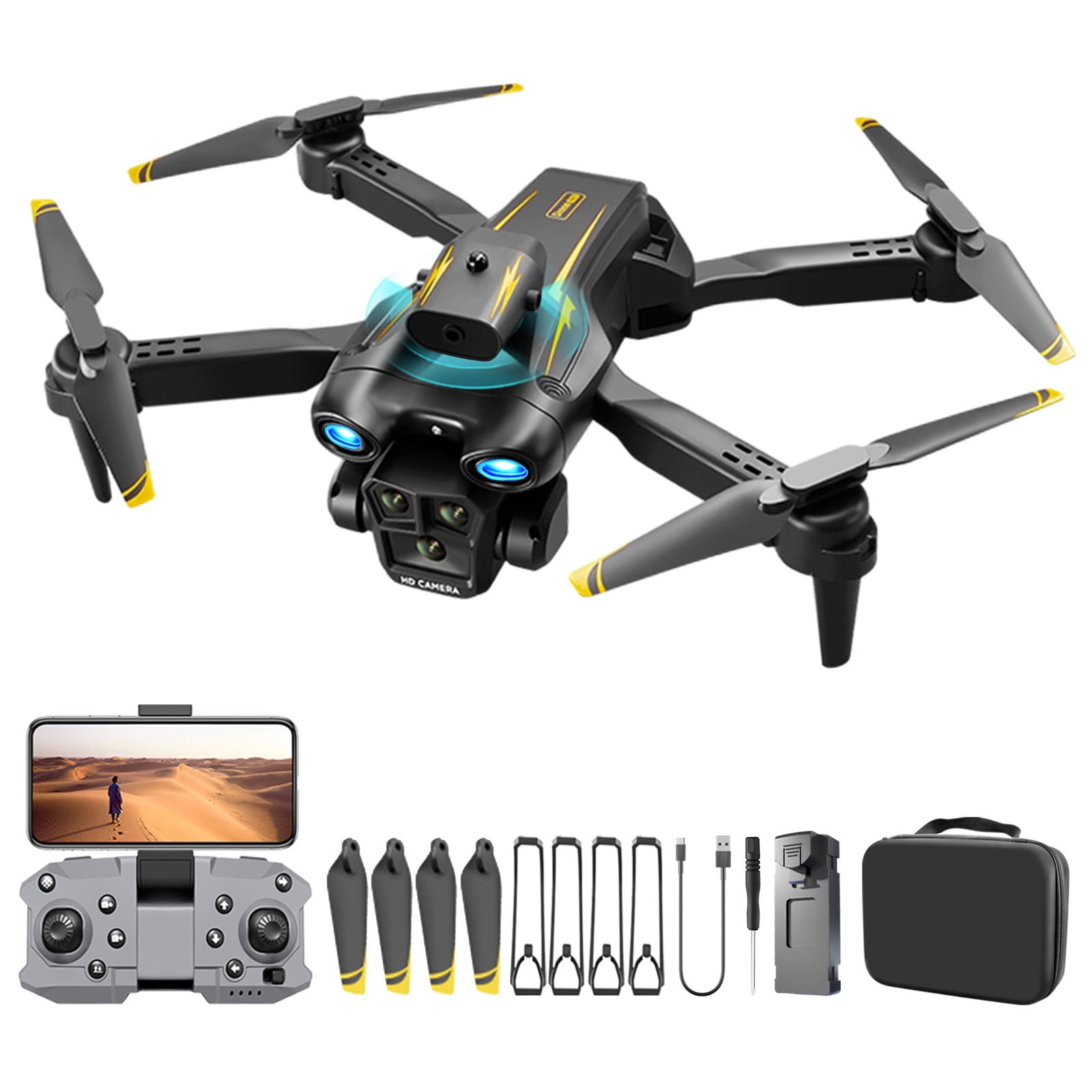 Yellow Foldable Drone With Esc Camera Three 1080P Camera Fpv Drone ...