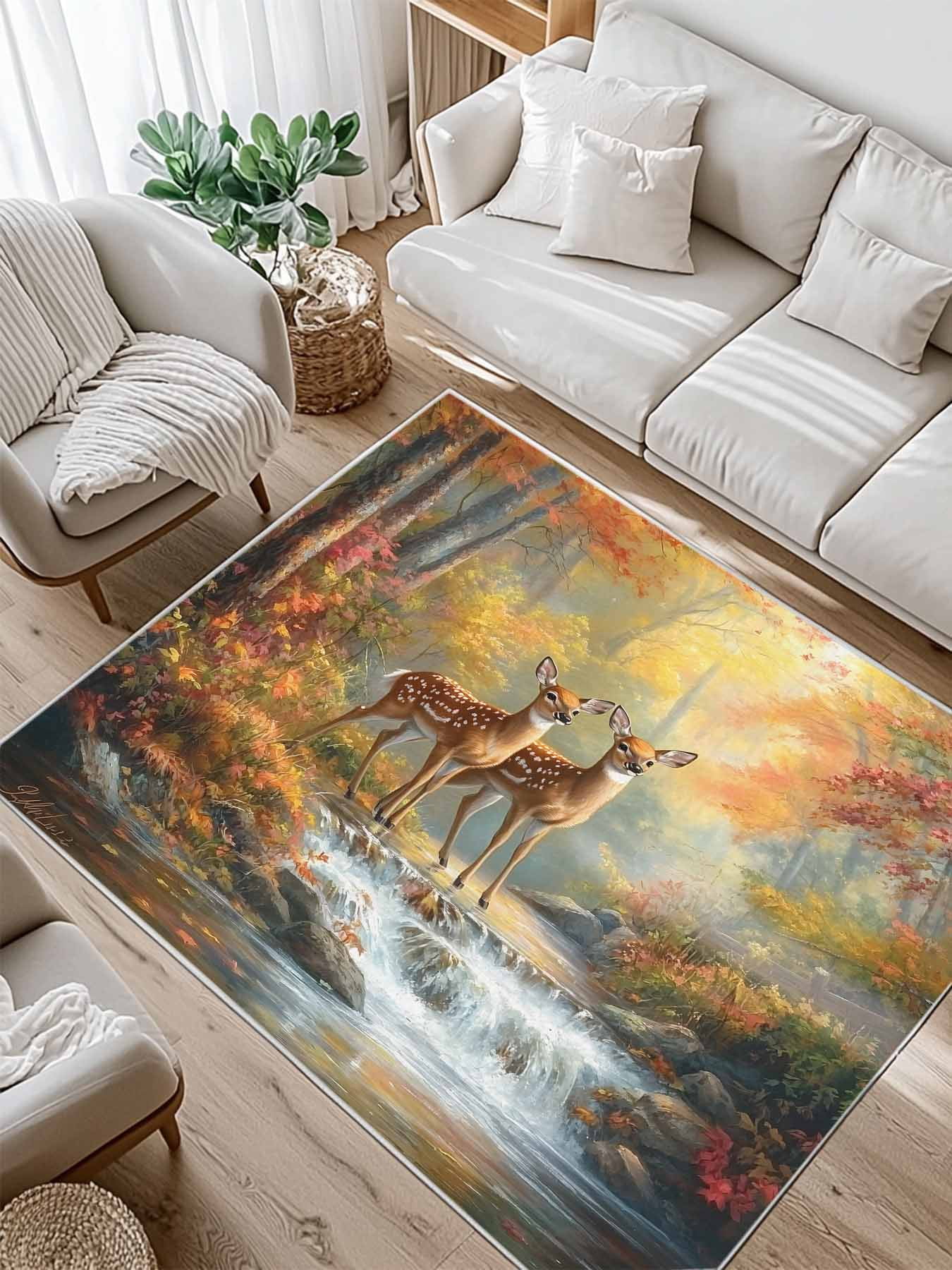 Yellow Forest Deer Area Rug for Bedroom 3x5 Ft Animals River Super Soft ...