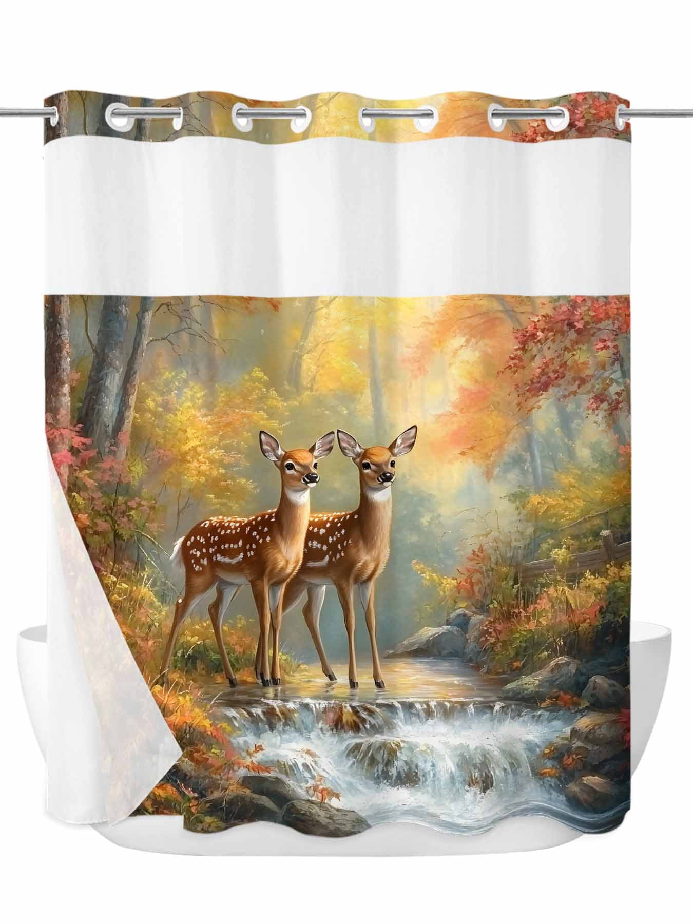 Yellow Forest Deer No Hook Shower Curtain and Liner Set Animals River ...