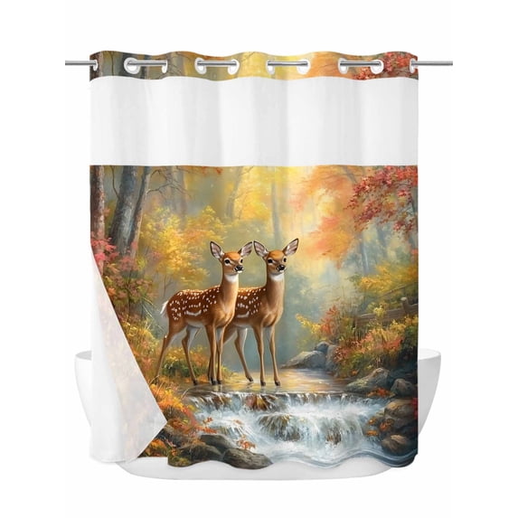 Yellow Forest Deer No Hook Shower Curtain and Liner Set Animals River ...
