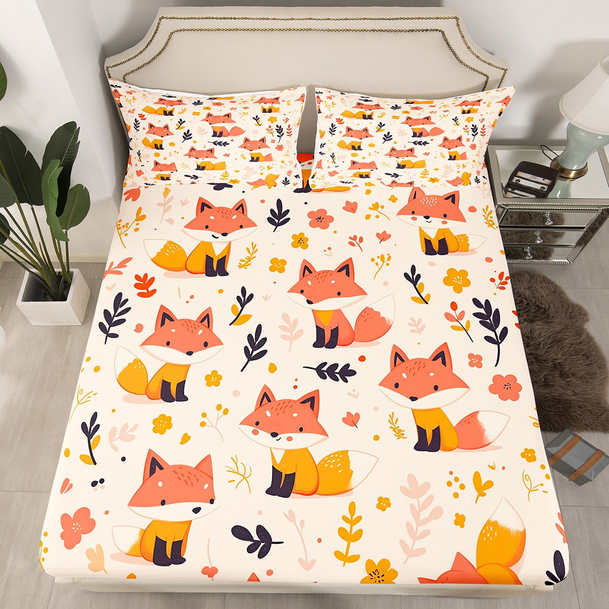 Yellow Fox Bed Sheets,Kawaii Animals Twin Fitted Sheet Cute Flowers ...