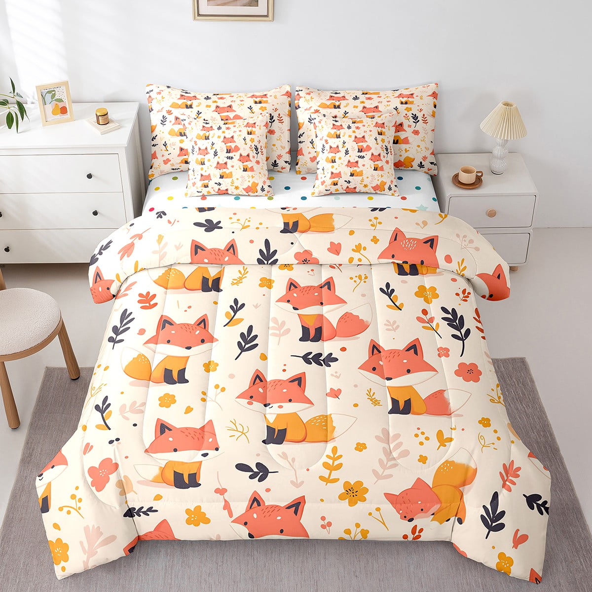 Yellow Fox Bedding Set,Kawaii Animals Twin 7 Pieces Comforter Set Cute ...