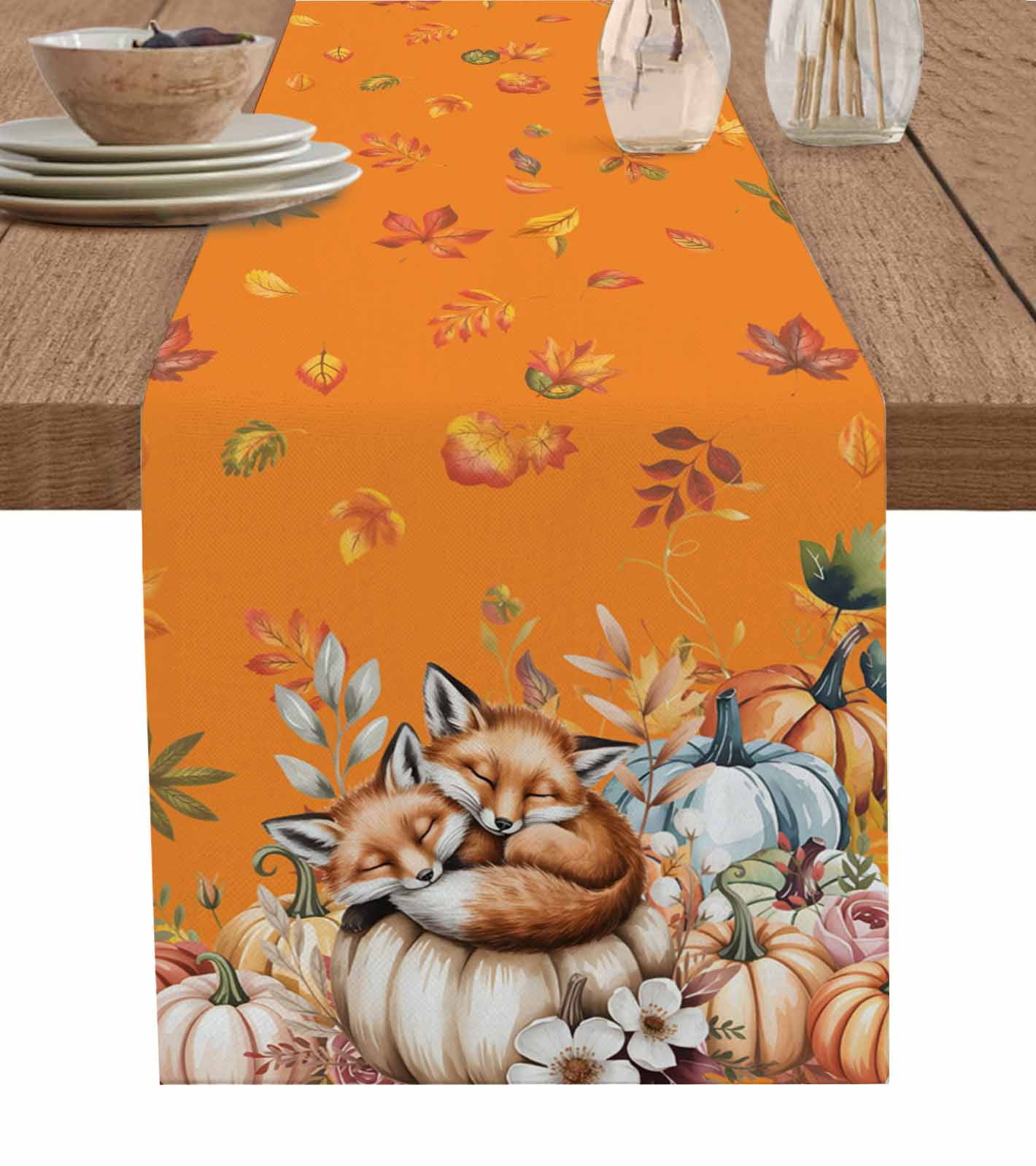 Yellow Fox Fall Table Runner 36 Inches, Pumpkins Thanksgiving Botanical ...