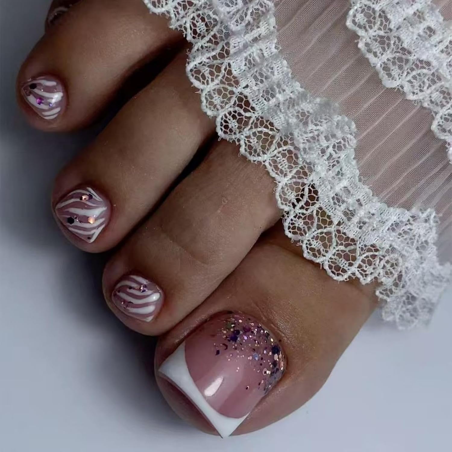 Yellow French Tip Press on Toenails Flower Fake Toes Short Square False ...