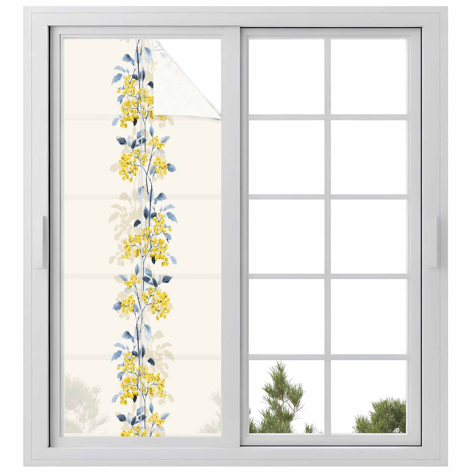 Yellow Fruit Window Privacy Film, Vintage Country Leaves Berries Blue ...