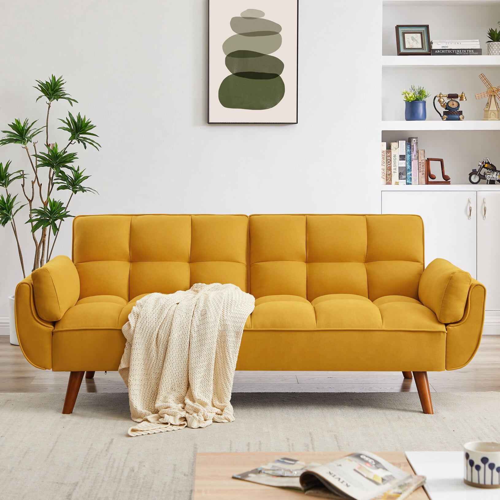 Yellow Futon Sofa Bed, 76" Linen Upholstered Loveseat Sofa Furniture ...