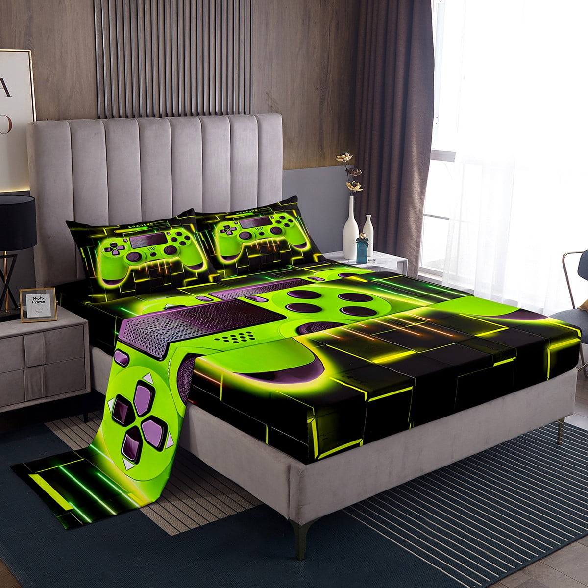 Yellow Gaming Bed Sheets Set Gamer Sheet Set Twin,Neon Lights Abstract ...