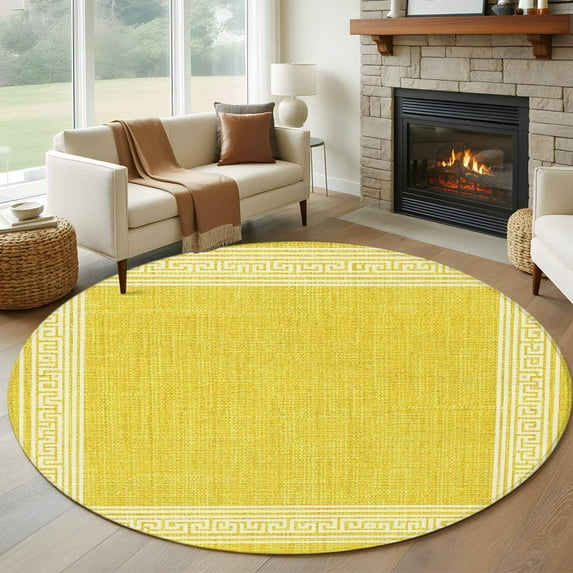Yellow Geometric 6ft Round Rug, White Greek Key Design Burlap Modern ...